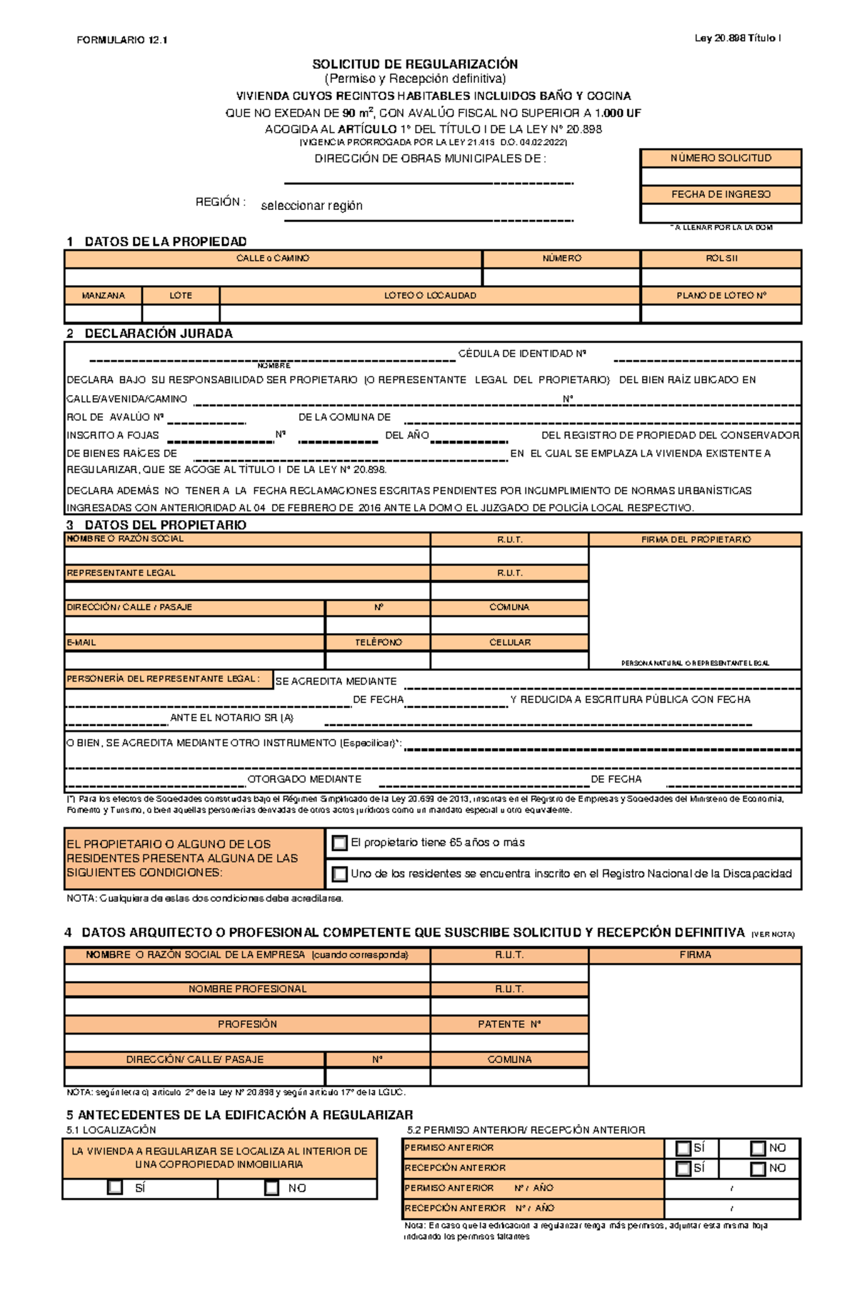 12.1 MINVU LEY 20898 - FORMULARIO 12 Ley 20 Título I DECLARA BAJO SU ...