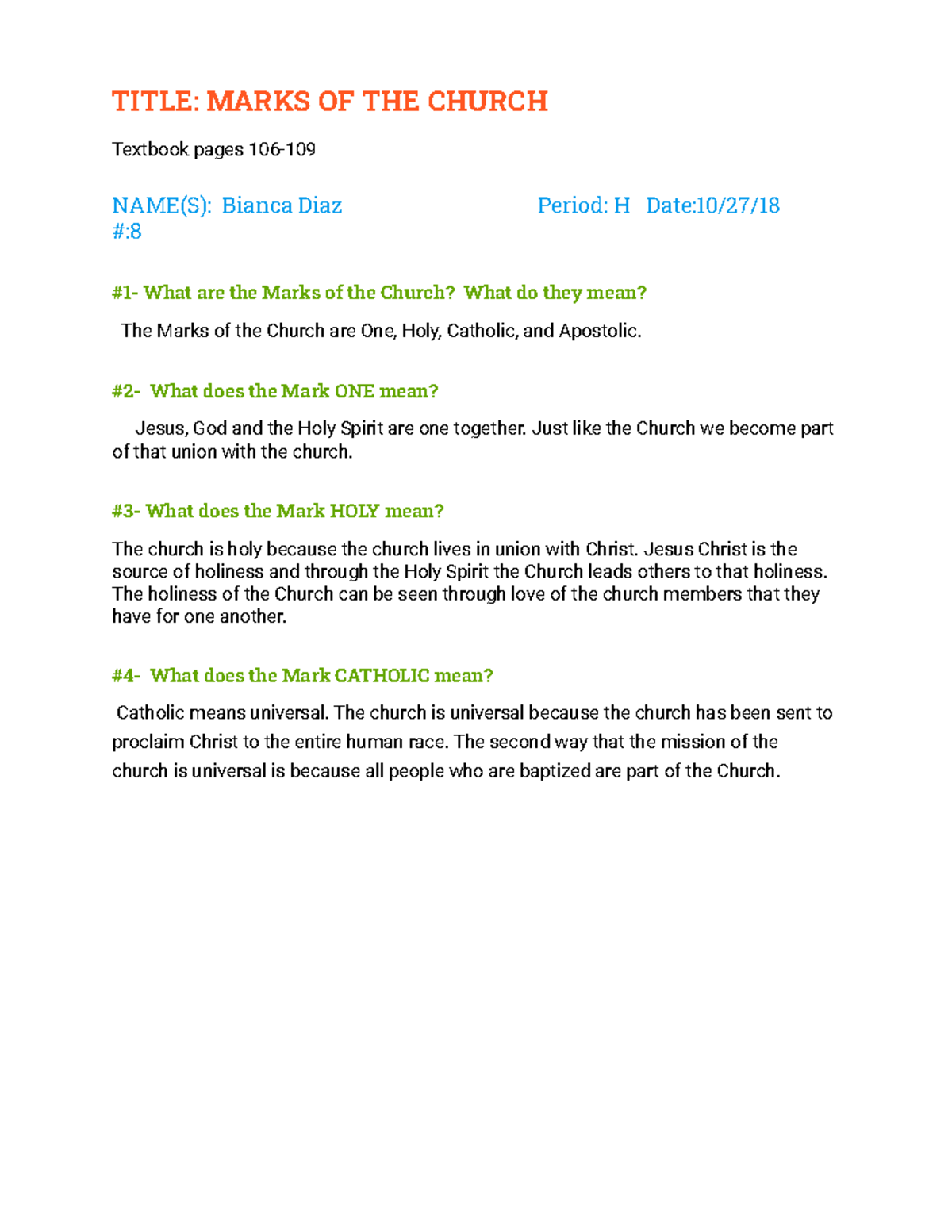 Bianca Diaz - Marks OF THE Church Assignment - TITLE: MARKS OF THE ...