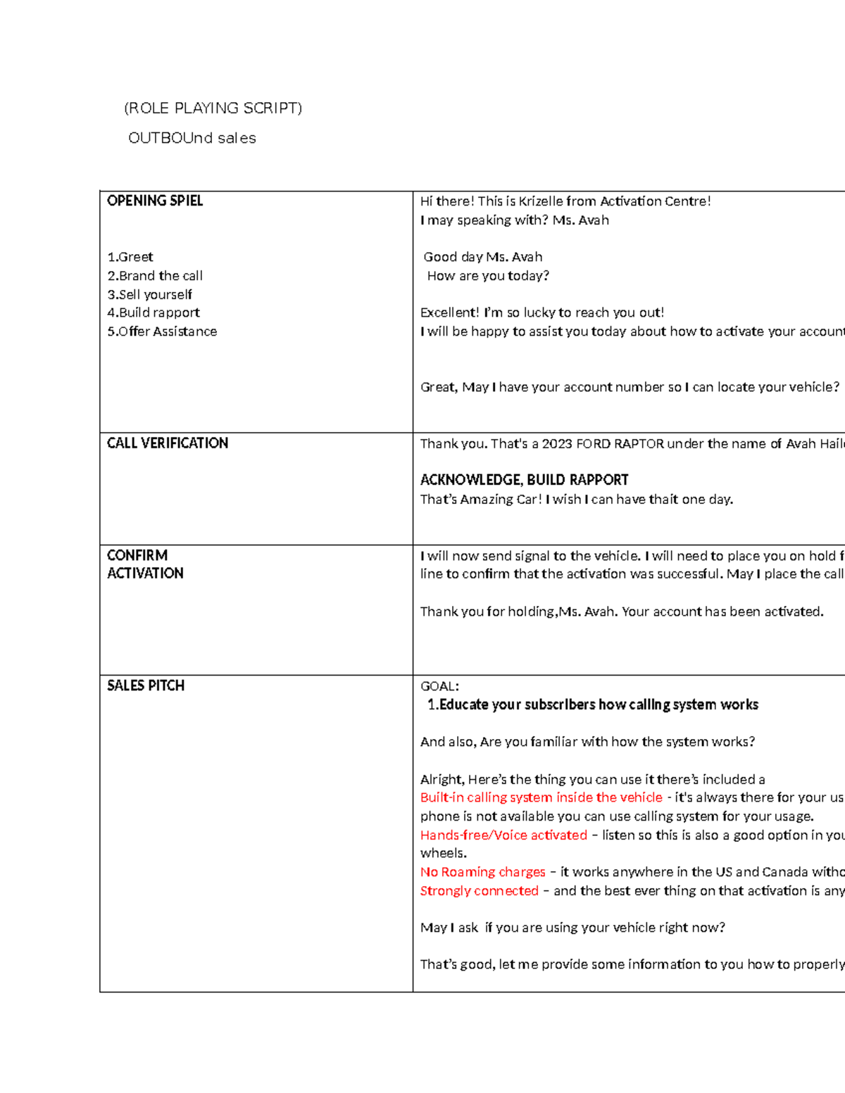Outbound Activation - About callss - (ROLE PLAYING SCRIPT) OUTBOUnd ...