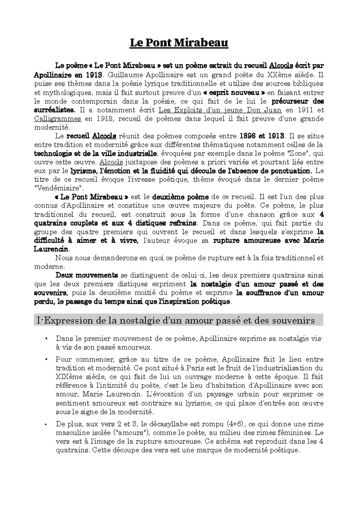 Le Pont Mirabeau Etude linéaire - Le Pont Mirabeau Le poème « Le Pont ...