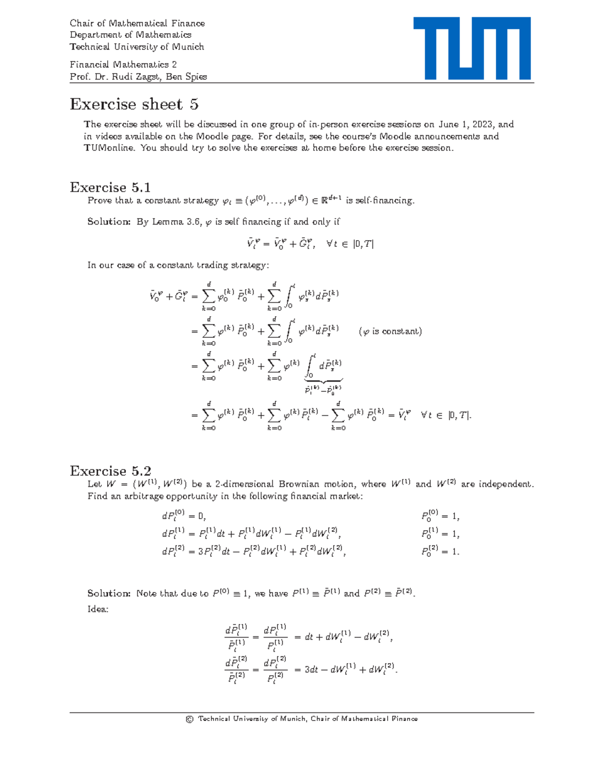Fi Ma2 Exercise Sheet 05 Solution - Financial Mathematics 2 - TUM - Studocu