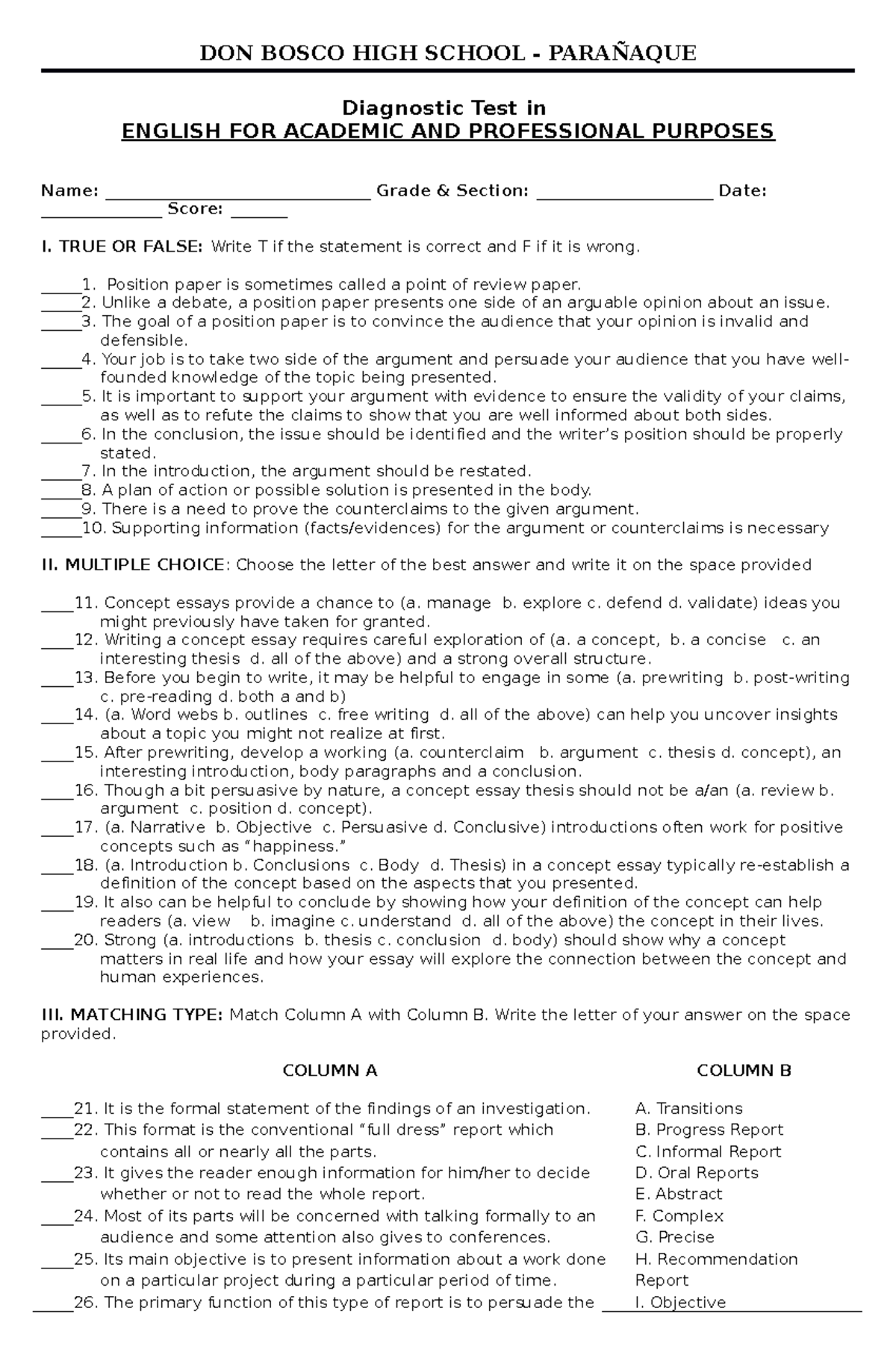 Diagnostic-TEST - ENGLISH DIAGNOSTIC EXAM - DON BOSCO HIGH SCHOOL ...