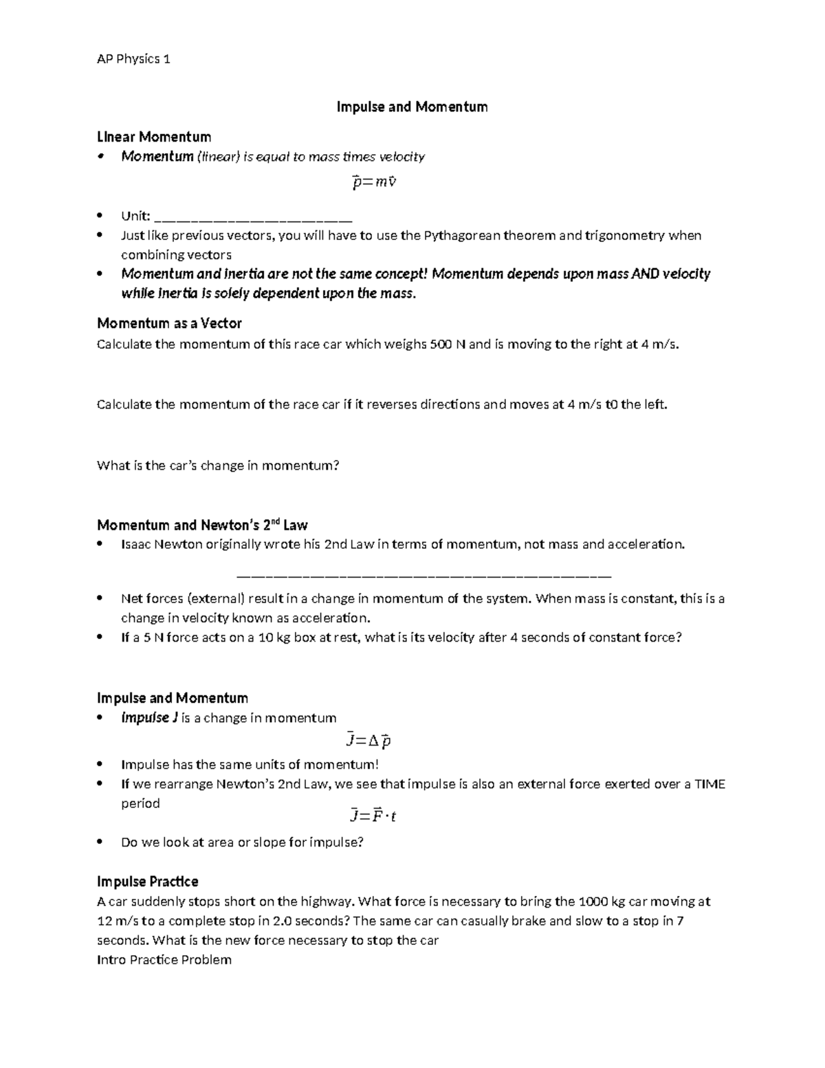 Unit 5 (AP) - Lesson 1&2 - Impulse, Momentum and Cons of Momentum ...