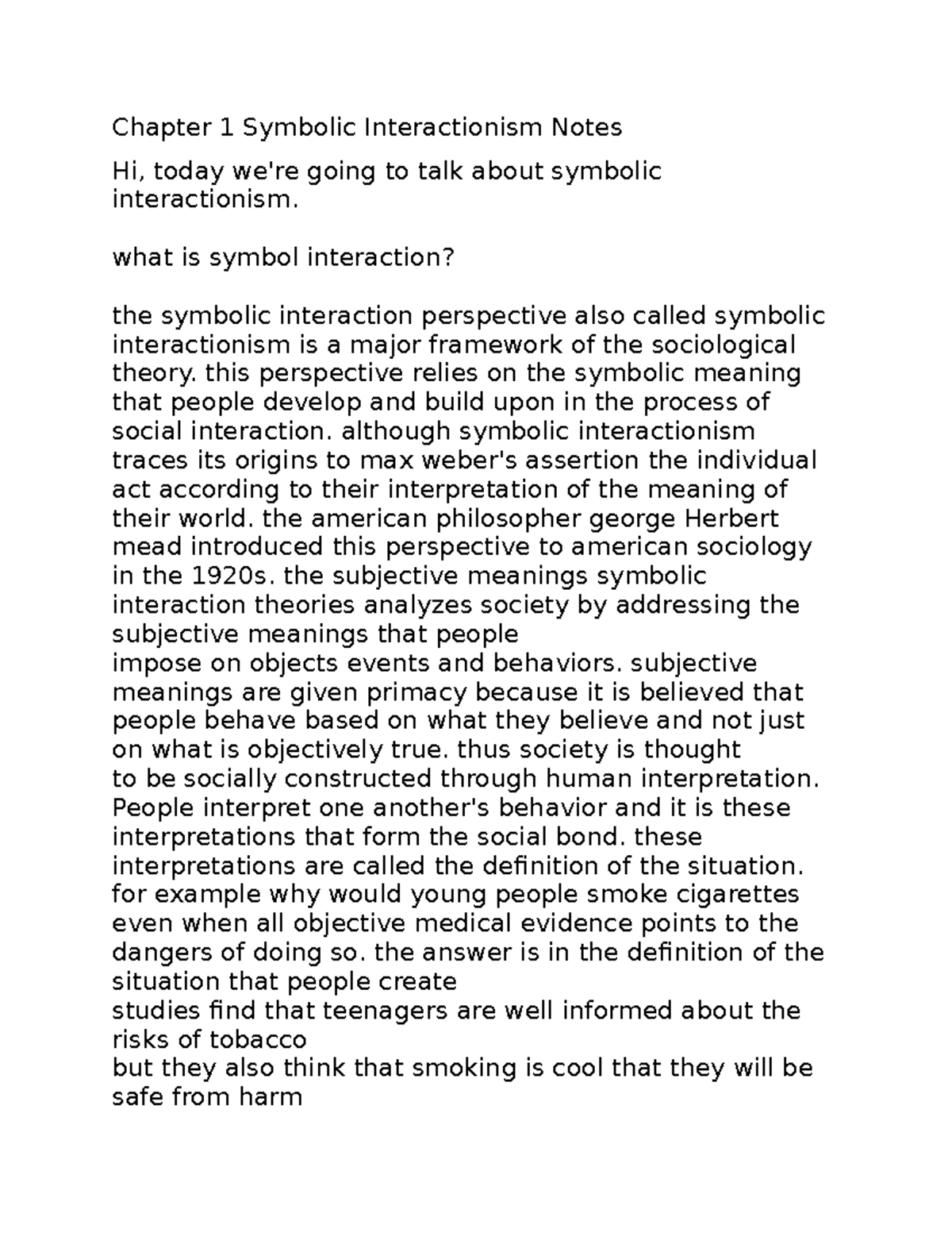 Chapter 1 Symbolic Interactionism Notes from intro to sociololgy ...