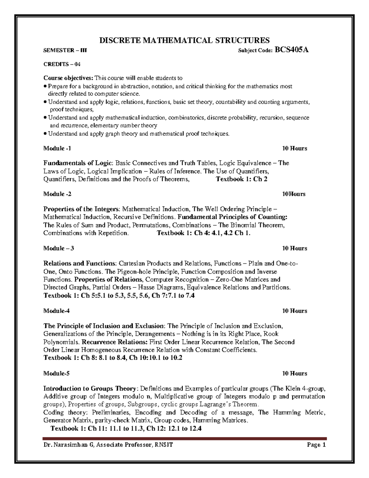 Rnsit BCS405A - Module 1 - DISCRETE MATHEMATICAL STRUCTURES SEMESTER – III Subject Code: BCS405A ...