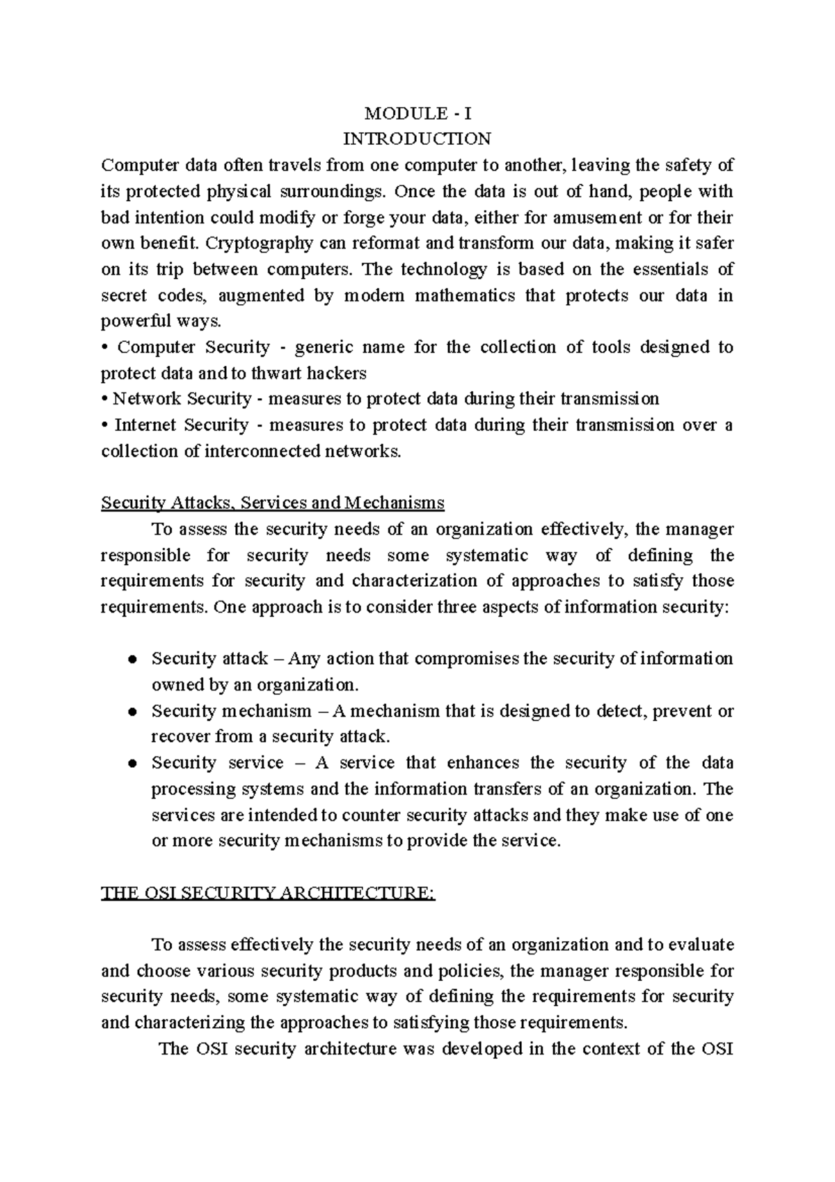 Module - I osi security architecture - MODULE - I INTRODUCTION Computer data often travels from ...