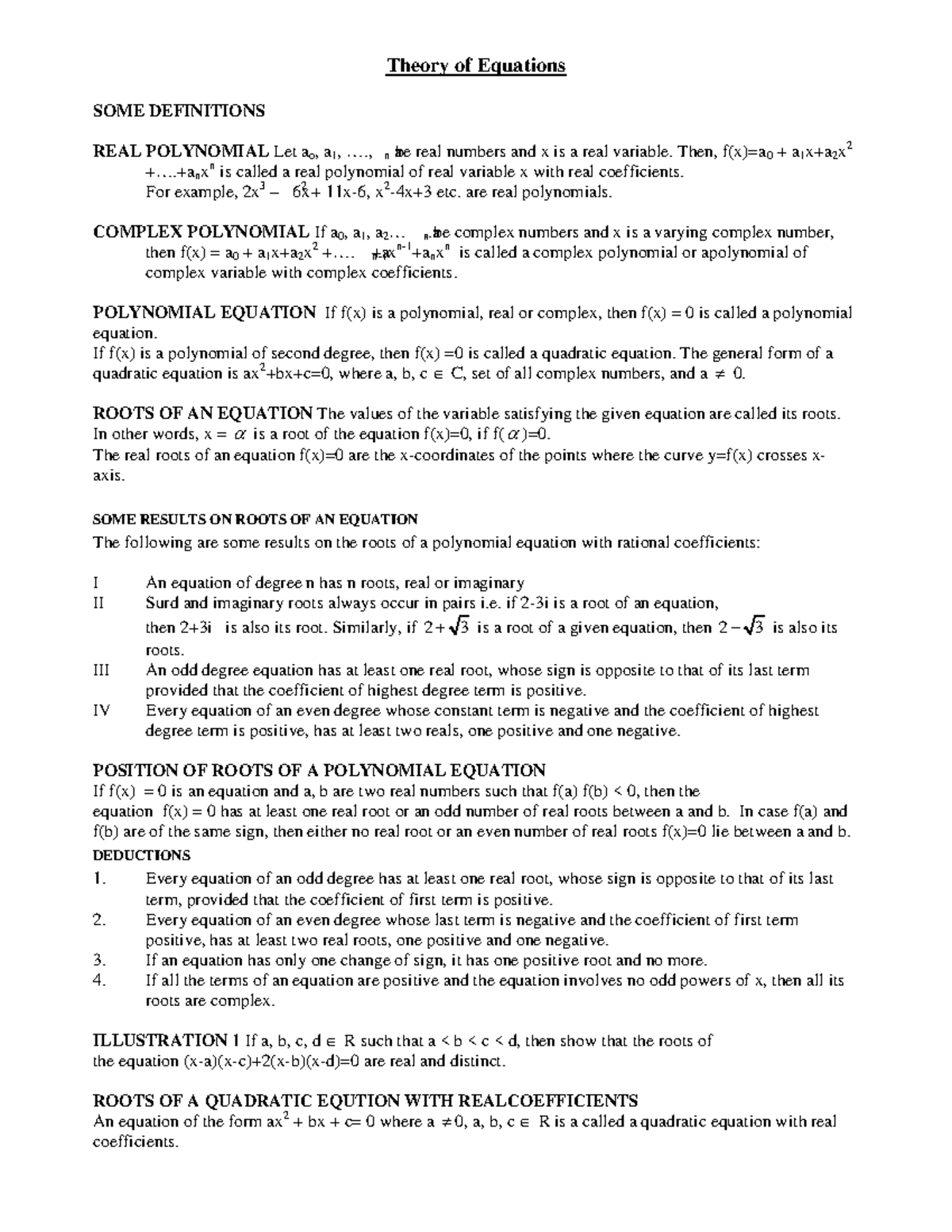 Theory Of Equations - Theory of Equations SOME DEFINITIONS REAL ...