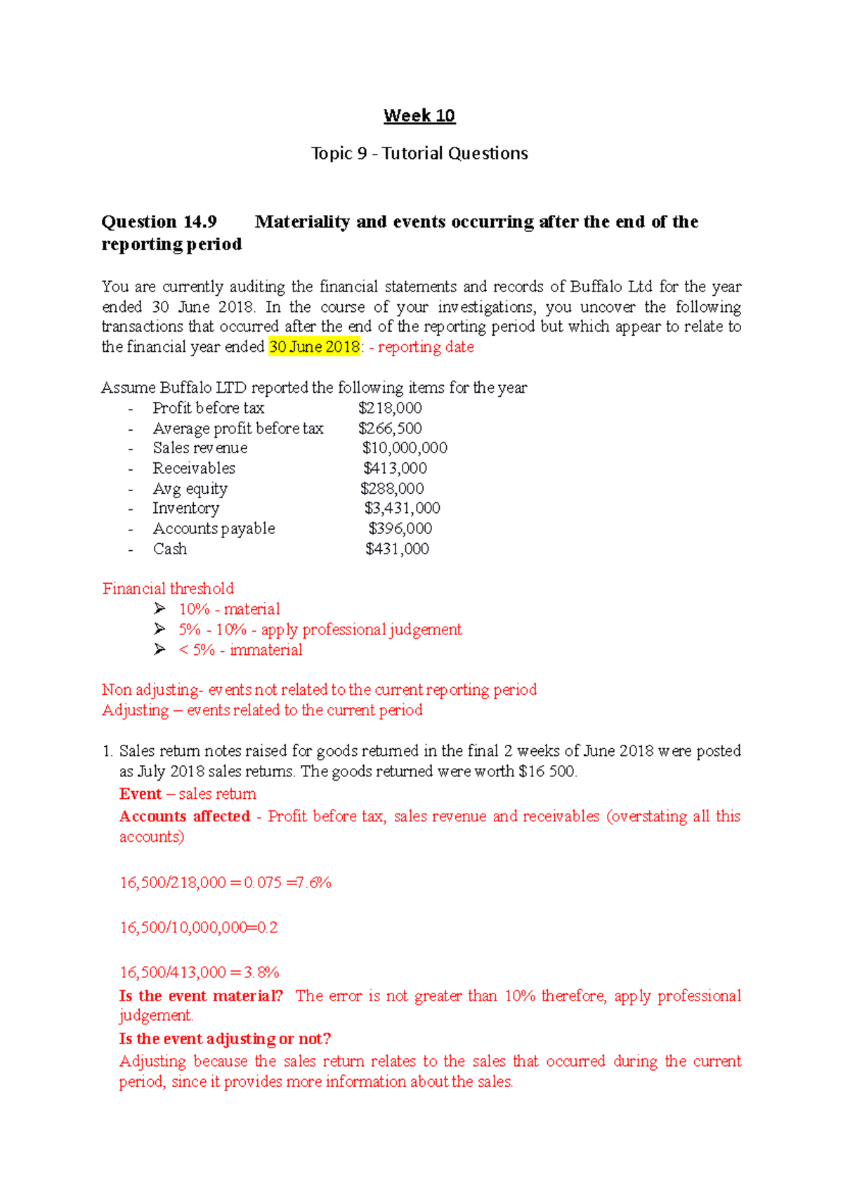 Topic 9 - Tutorial Questions - Week 10 Topic 9 - Tutorial Questions Question 14 Materiality and ...