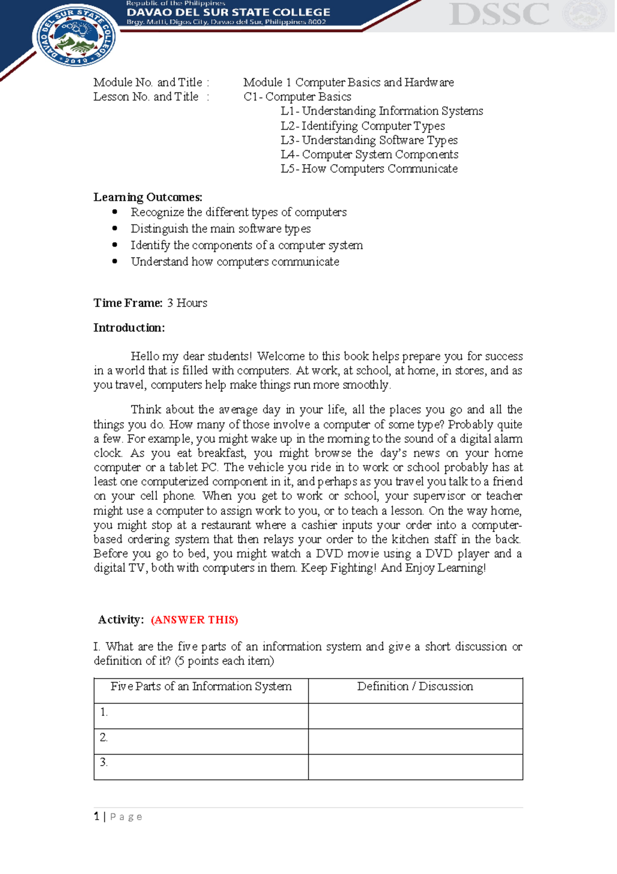 C1- Computer Basics - Module No. and Title : Module 1 Computer Basics and Hardware Lesson No ...