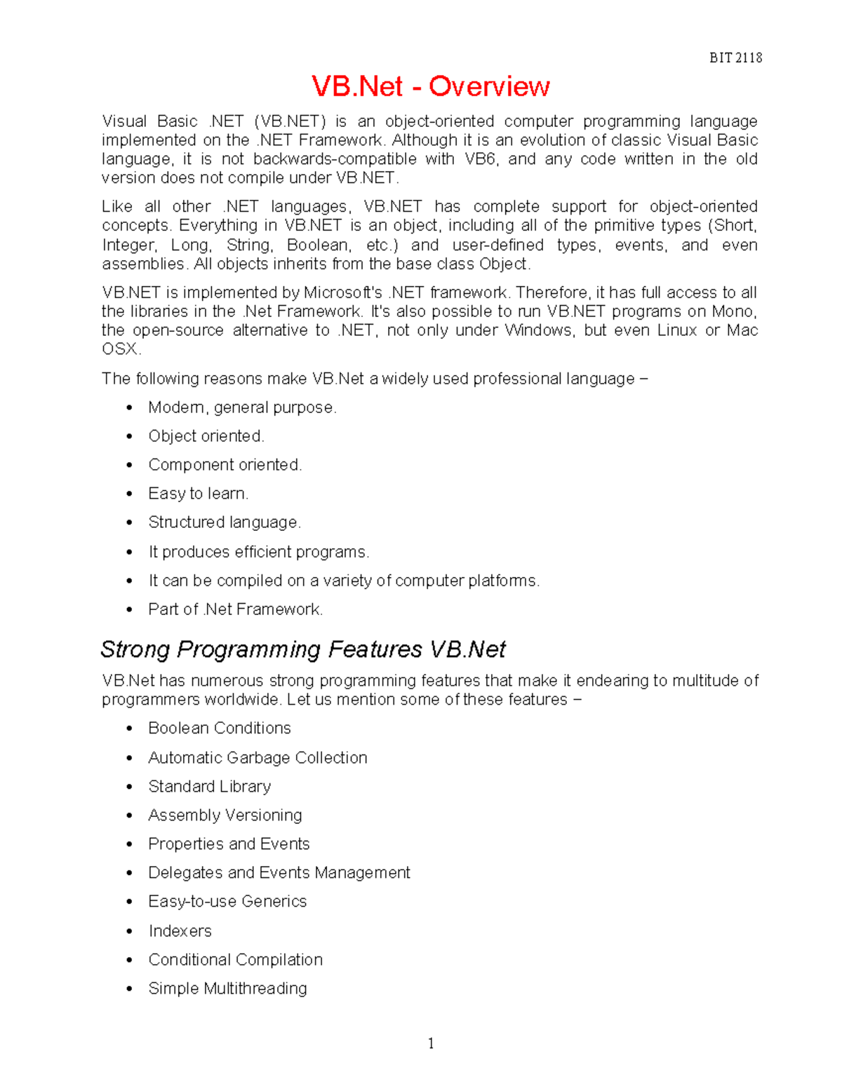 VB.NET Tutarials (FULL Notes) - VB - Overview Visual Basic .NET (VB) is ...