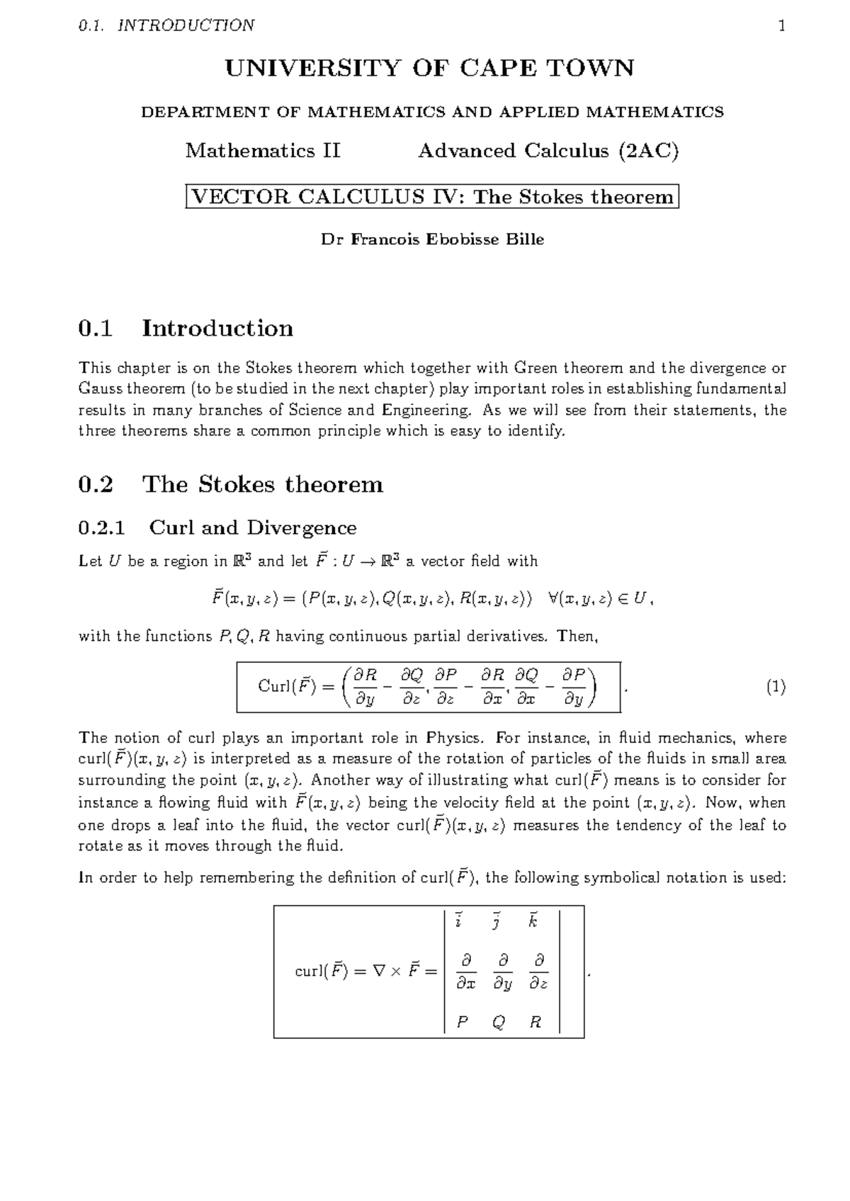 Vector Calculus - Stoke's Theorem - 0. INTRODUCTION 1 UNIVERSITY OF ...