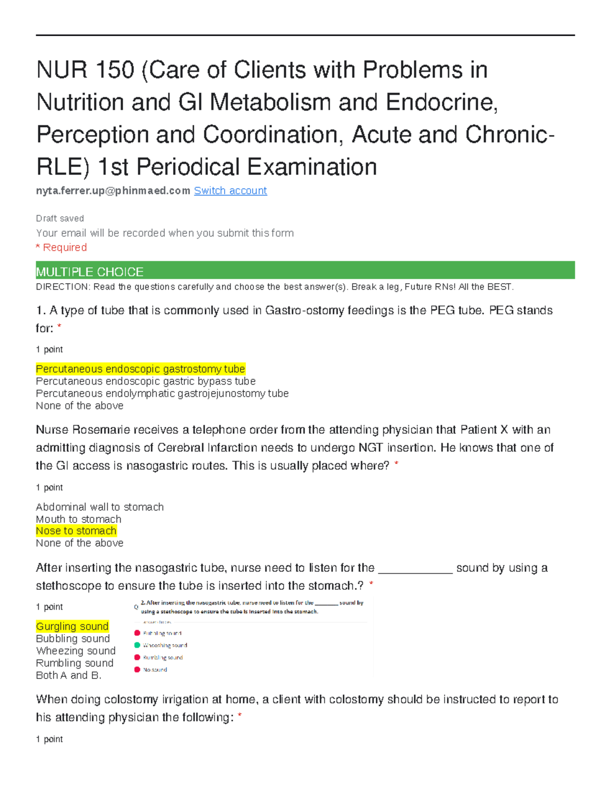 P1 MS RLE 1 - Practice materials - NUR 150 (Care of Clients with ...