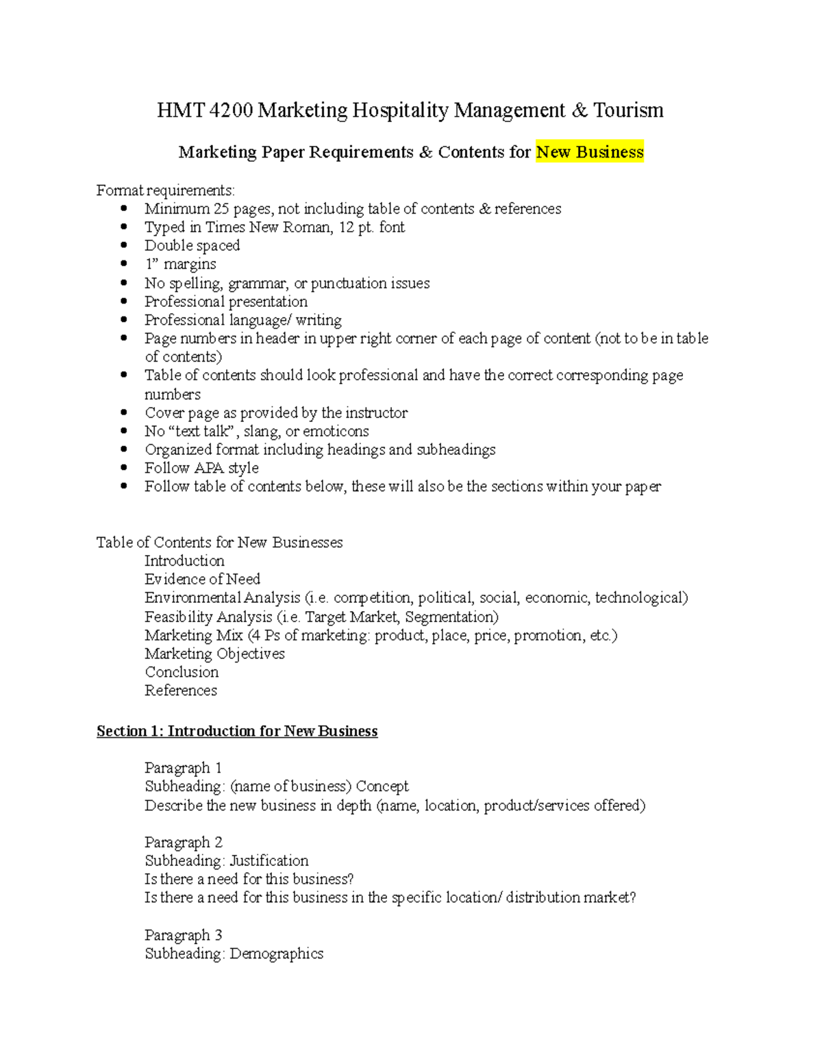 Marketing Paper new business instructions and format - HMT 4200 ...