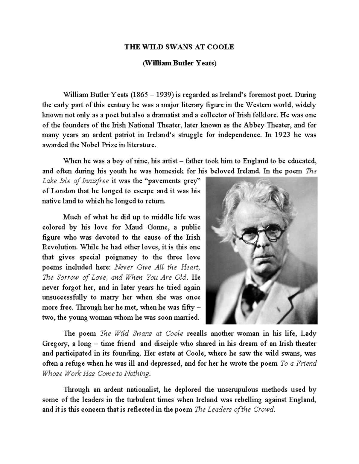 THE WILD Swans AT Coole - The - THE WILD SWANS AT COOLE (William Butler ...