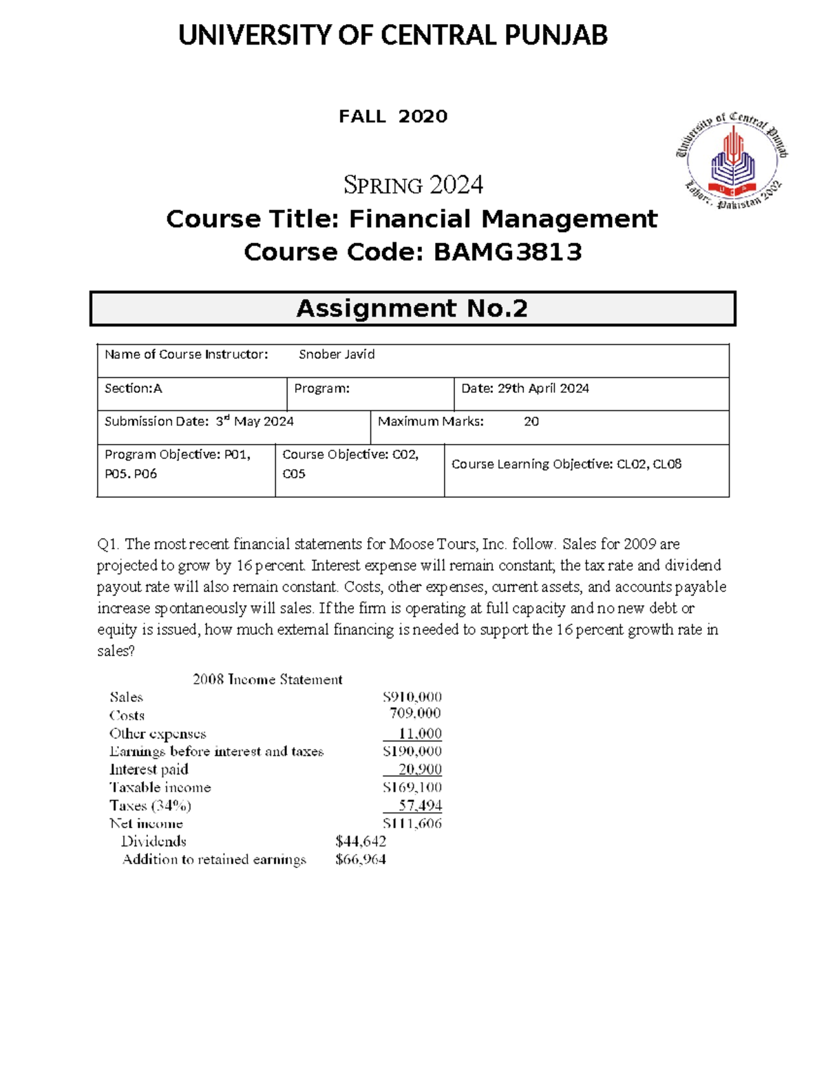 Spring 2024 A2 - Yes - UNIVERSITY OF CENTRAL PUNJAB FALL 2020 SPRING 2024 Course Title ...