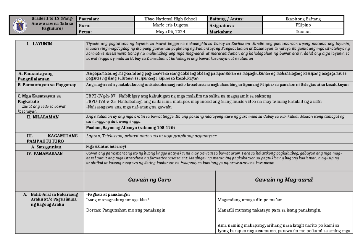 Lesson plan sa Paalam, Bayan ng albanya - Grades 1 to 12 (Pang- Araw ...
