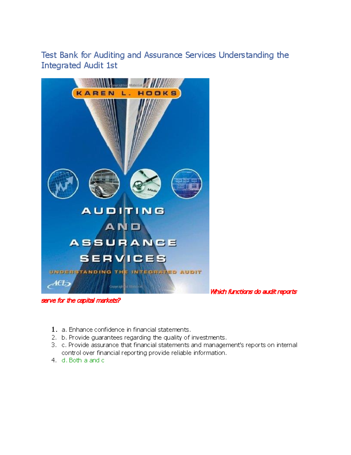 Test Bank for Auditing and Assurance Services Understanding the ...