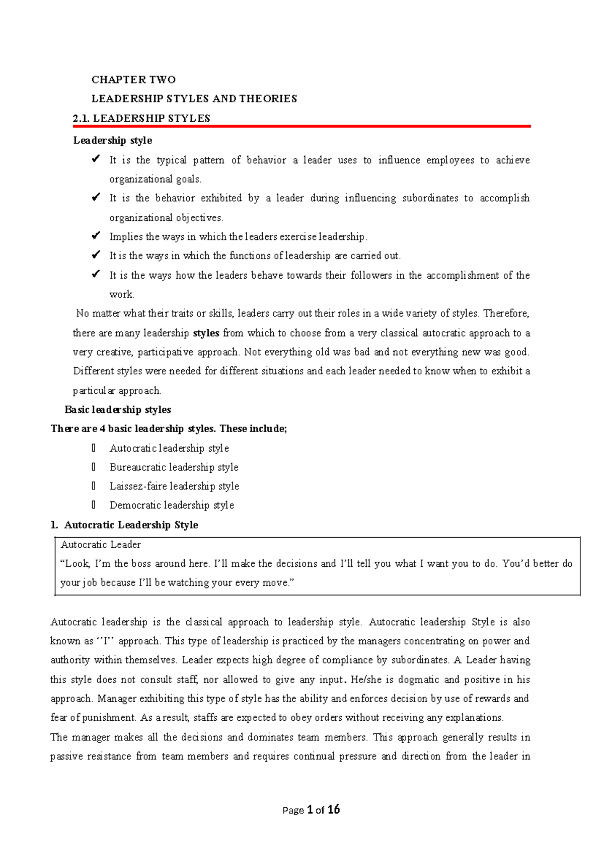 Chapter TWO - Introduction - CHAPTER TWO LEADERSHIP STYLES AND THEORIES ...