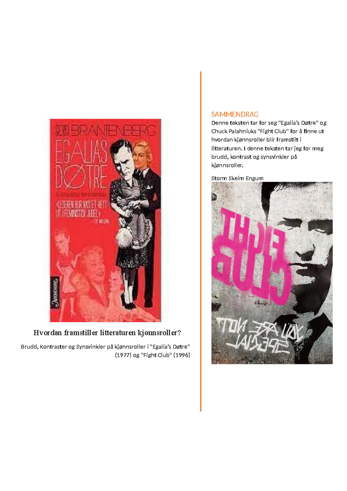 Norsk fordypningsoppgave innlevering - Hvordan framstiller litteraturen kjønnsroller? Brudd ...