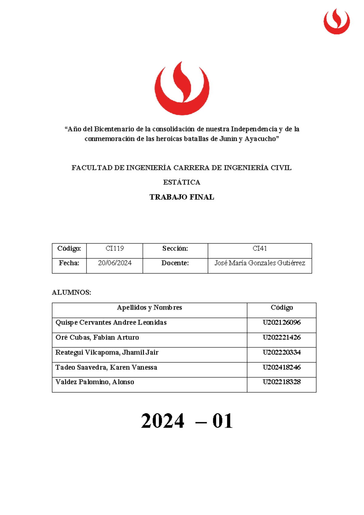 CI41 TF ESTÁTICA - Resolución del trabajo final - “Año del Bicentenario de la consolidación de ...