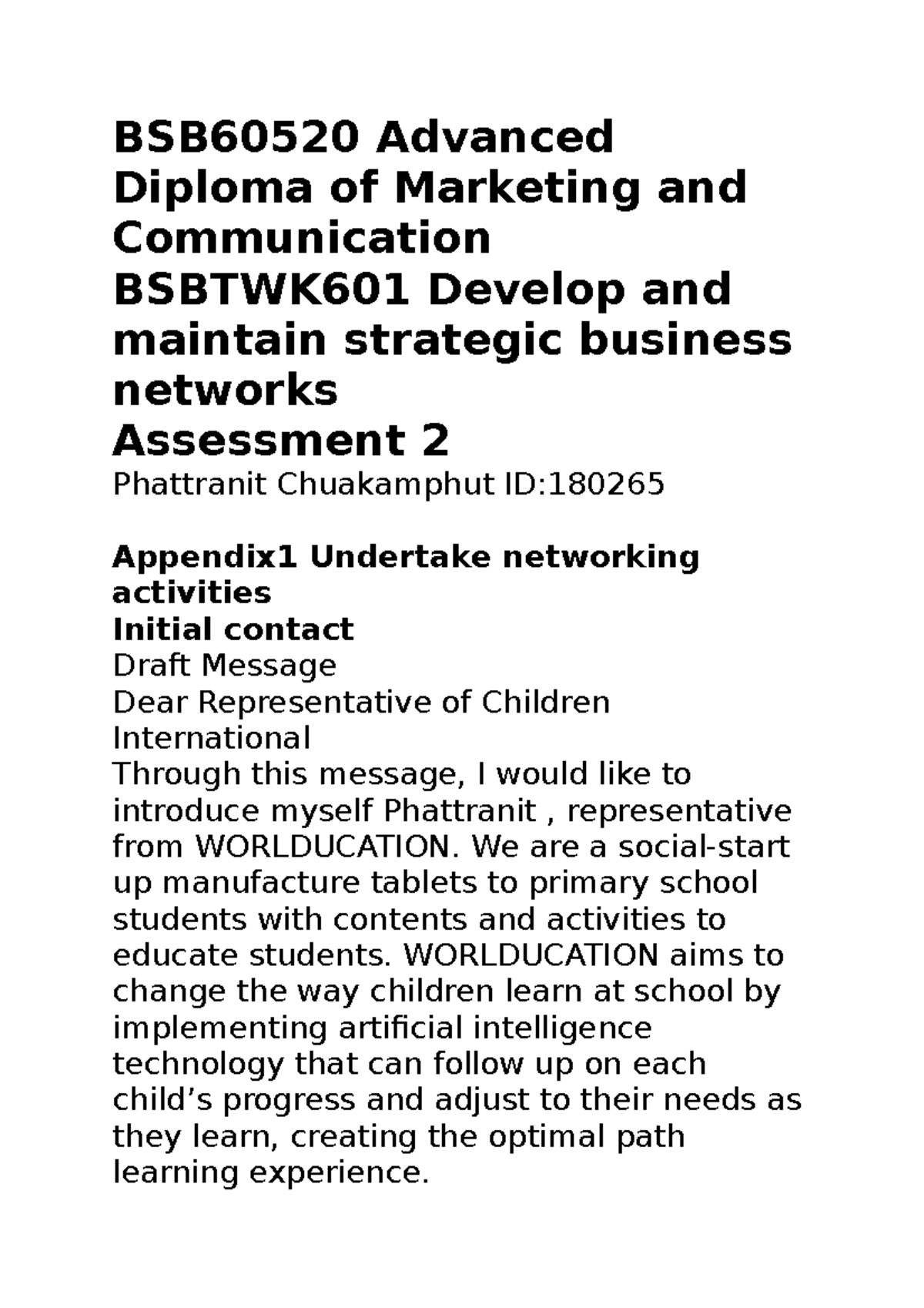 BSBtwk 601ass2 - management - BSB60520 Advanced Diploma of Marketing and Communication BSBTWK601 ...