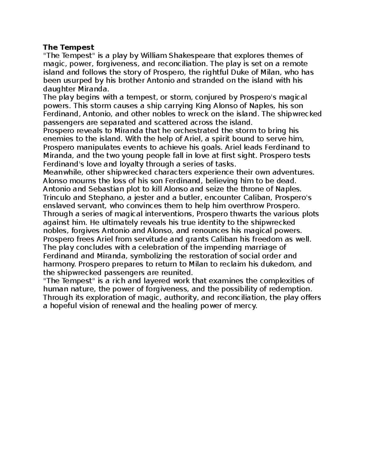 The Tempest - summary - The Tempest "The Tempest" is a play by William ...