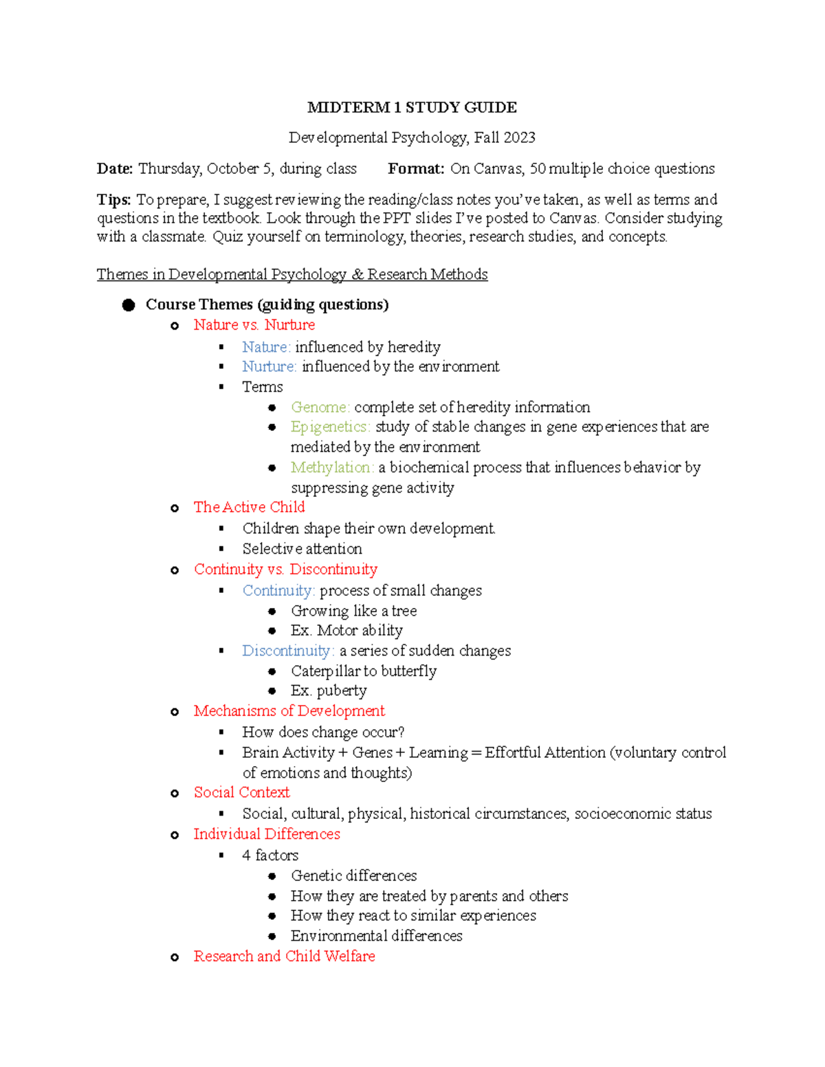 Midterm 1 Study Guide f23 - MIDTERM 1 STUDY GUIDE Developmental Psychology, Fall 2023 Date ...