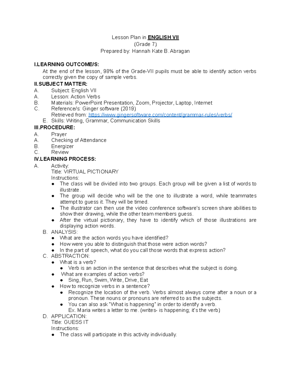 Lesson Plan in English VII - Lesson Plan in ENGLISH VII (Grade 7 ...