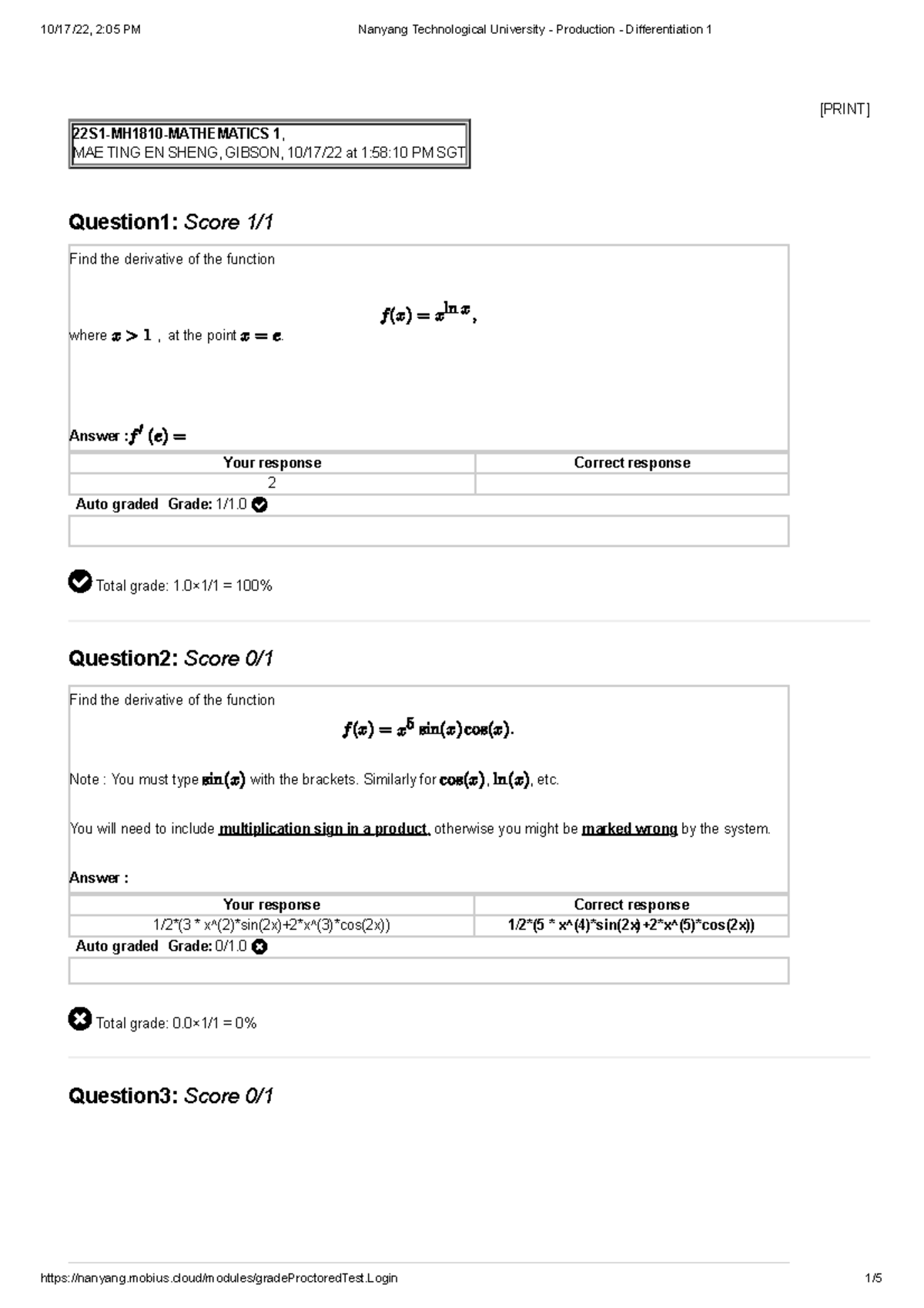 Nanyang Technological University - Production - Differentiation 2 - [PRINT] 22S1-MH1810 ...