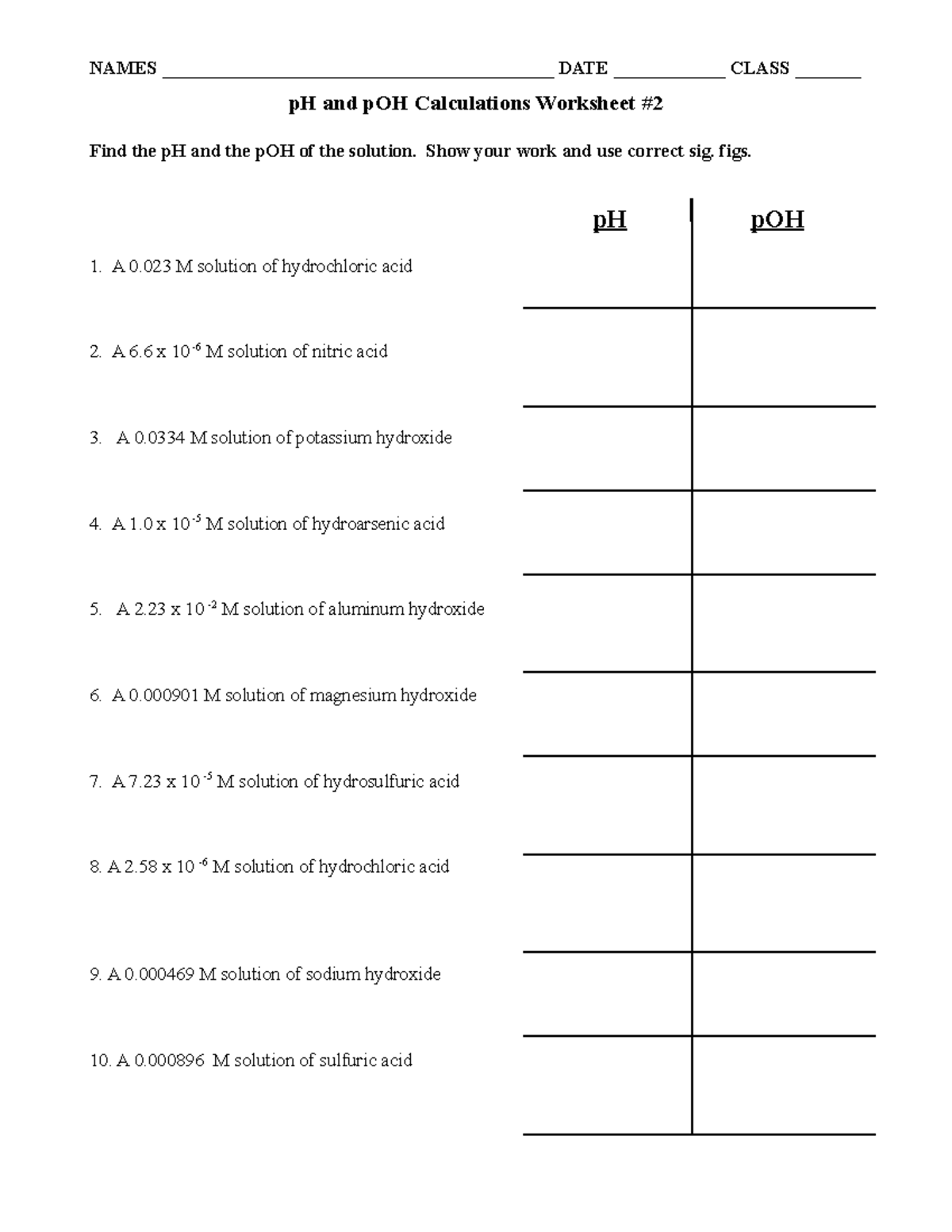 P H and p OH Calculations Worksheet 2 - NAMES ...