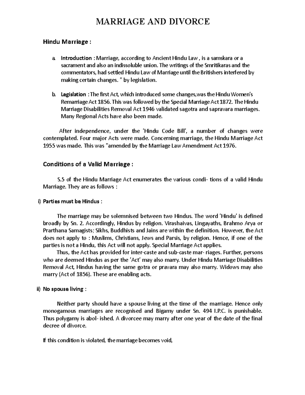 Hindu Law unit 2 - MARRIAGE AND DIVORCE Hindu Marriage : a ...