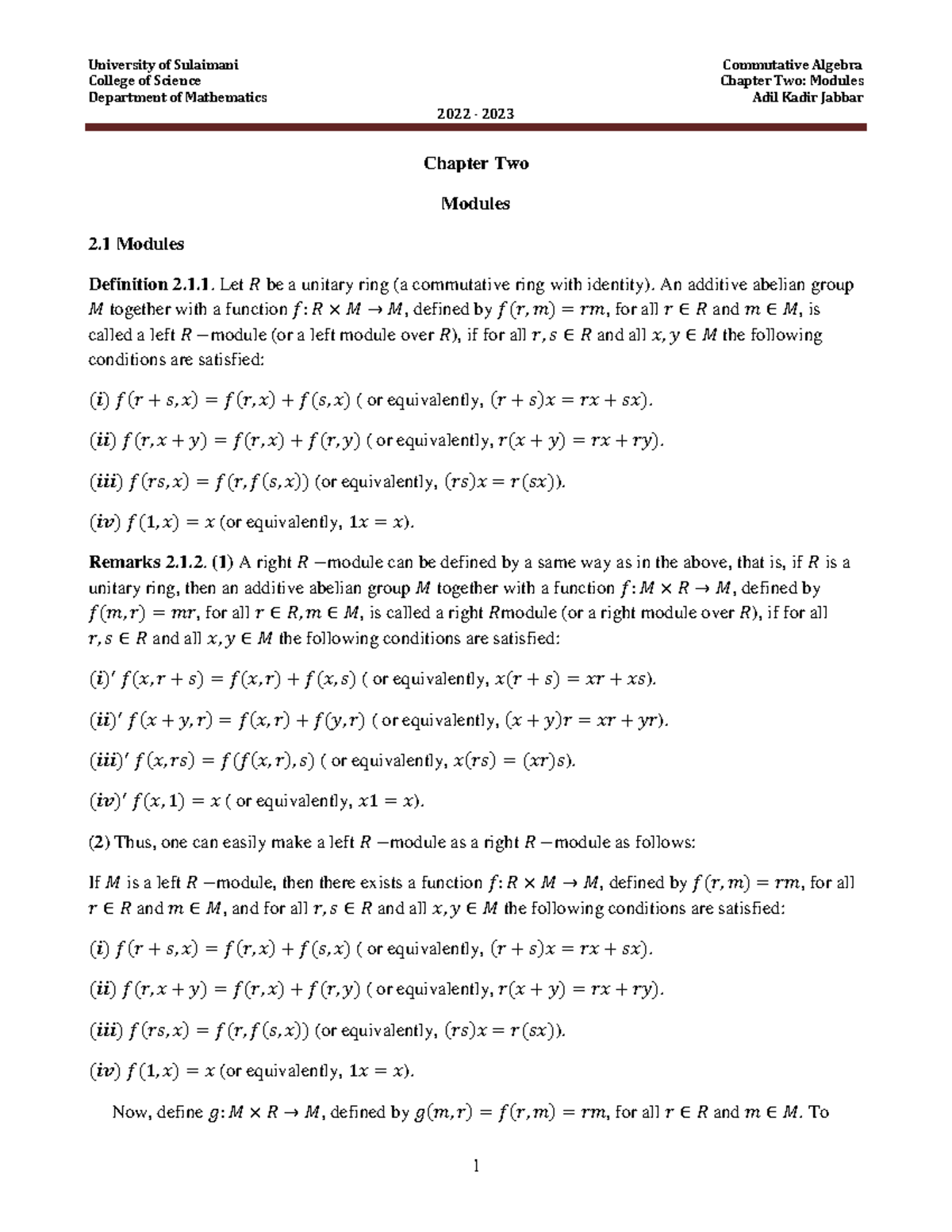 Commutative Algebra (4 th Math. Bolonia) Chapter 2 (Modules) - College ...