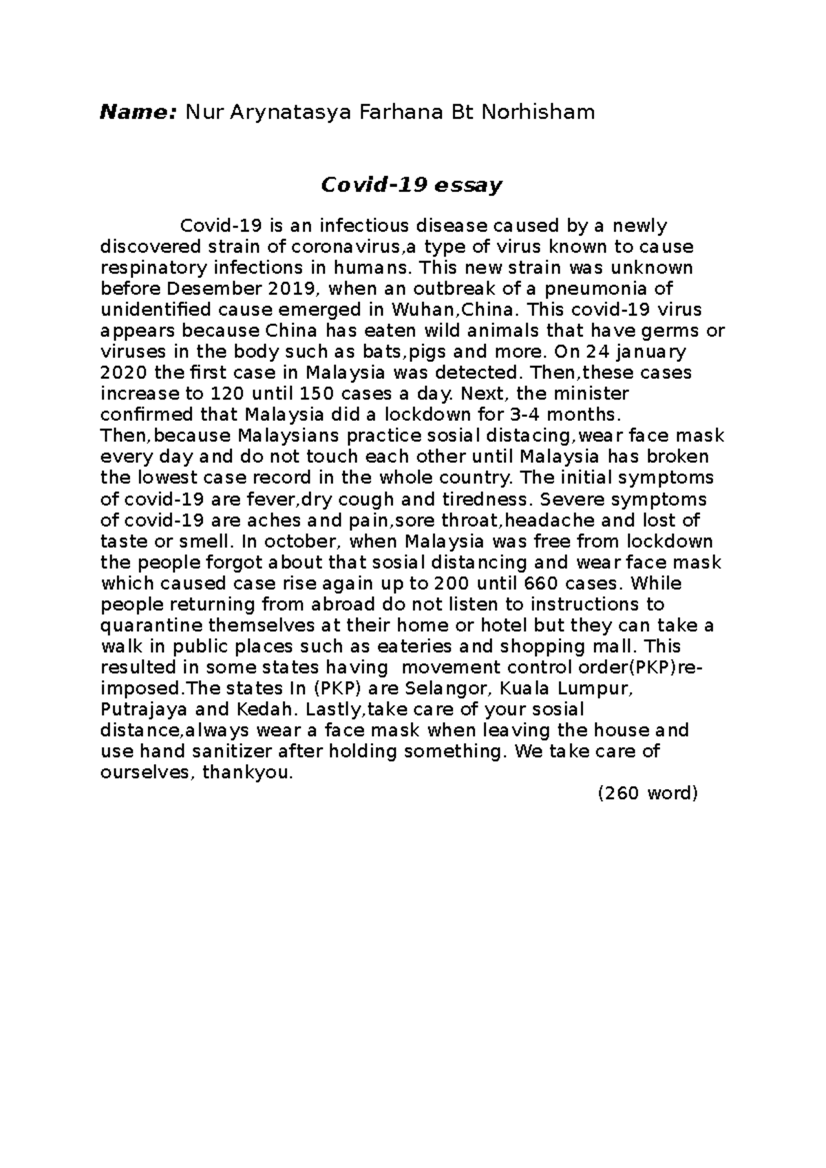 Covid essay - try - Name: Nur Arynatasya Farhana Bt Norhisham Covid-19 ...