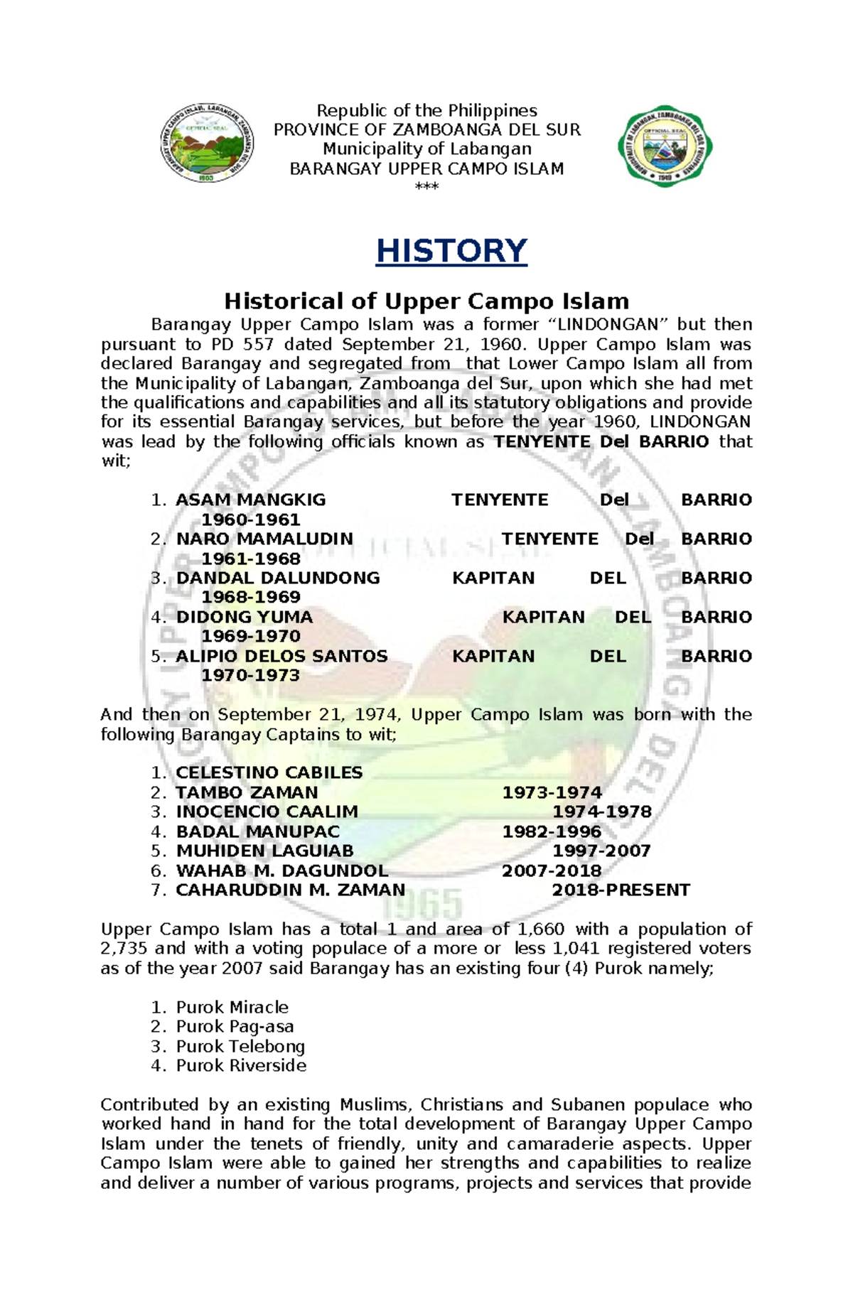 Brgy history - Republic of the Philippines PROVINCE OF ZAMBOANGA DEL SUR Municipality of ...