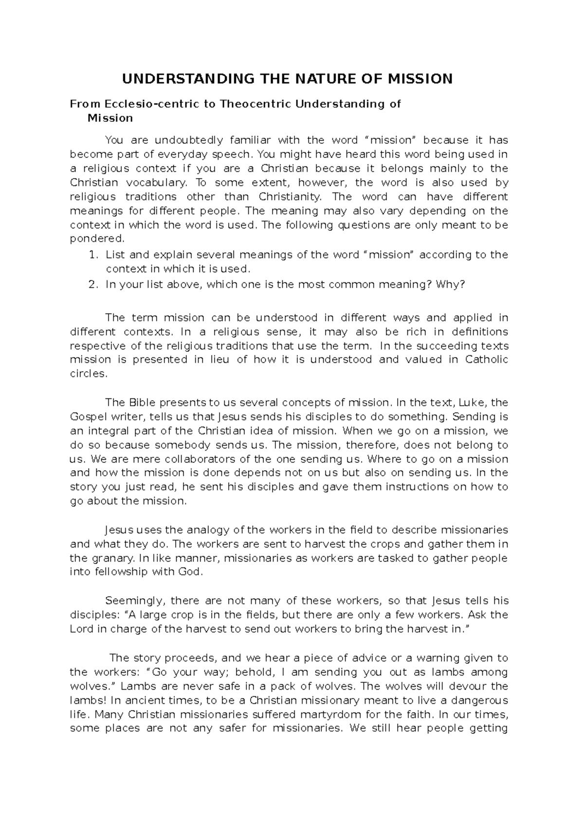 Nature of Mission - UNDERSTANDING THE NATURE OF MISSION From Ecclesio ...