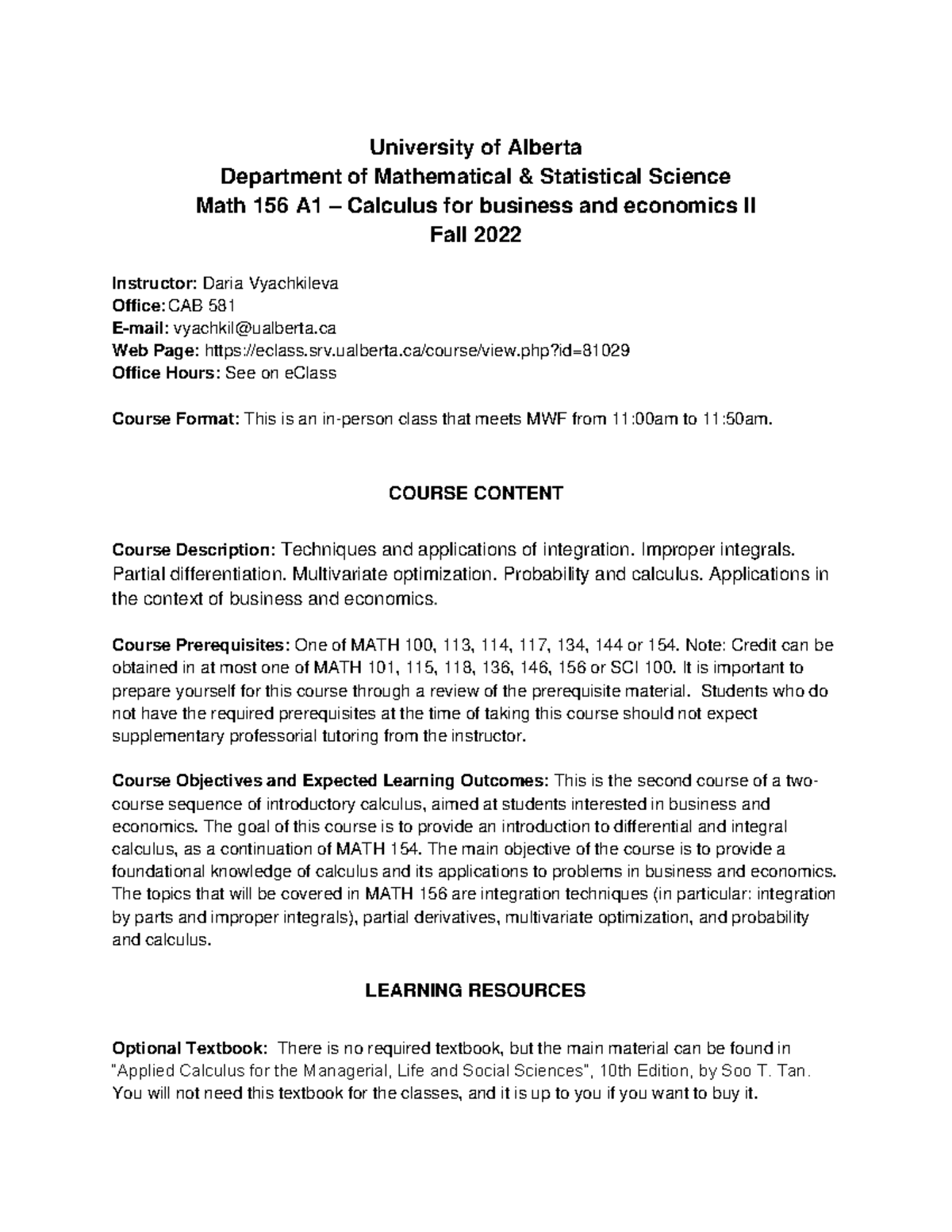 2022 Fall MATH156 A1 Syllabus - University of Alberta Department of ...