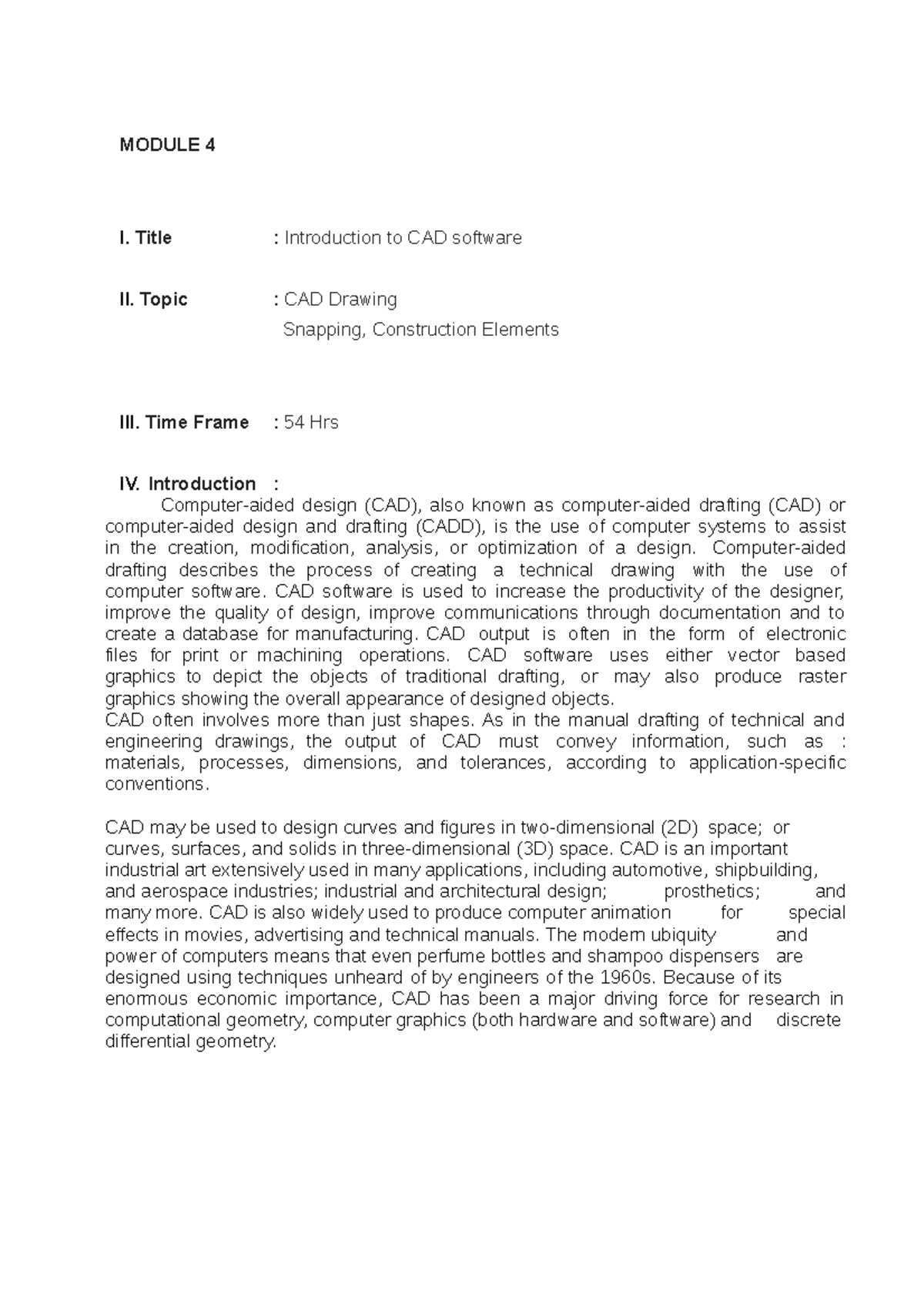 Module 4 in CAD - Introduction to CAD software CAD Drawing Snapping ...