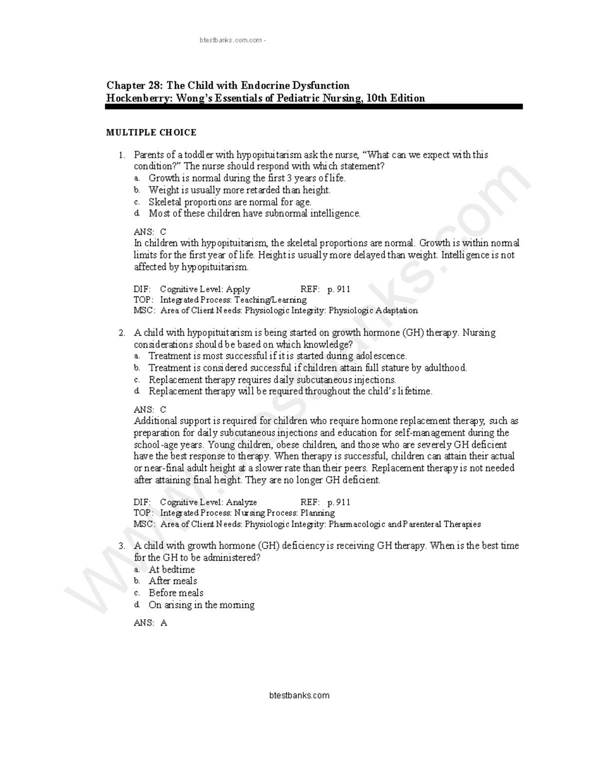 CH 28 - TEST BANK - Chapter 28: The Child with Endocrine Dysfunction ...