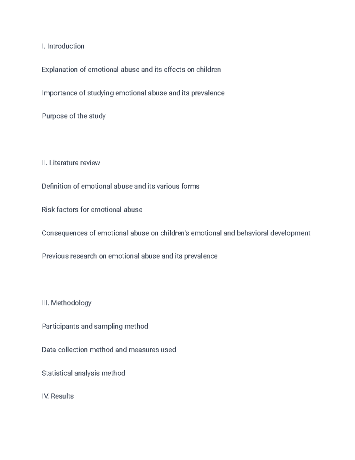 Emotional abuse - outline - I. Introduction Explanation of emotional ...