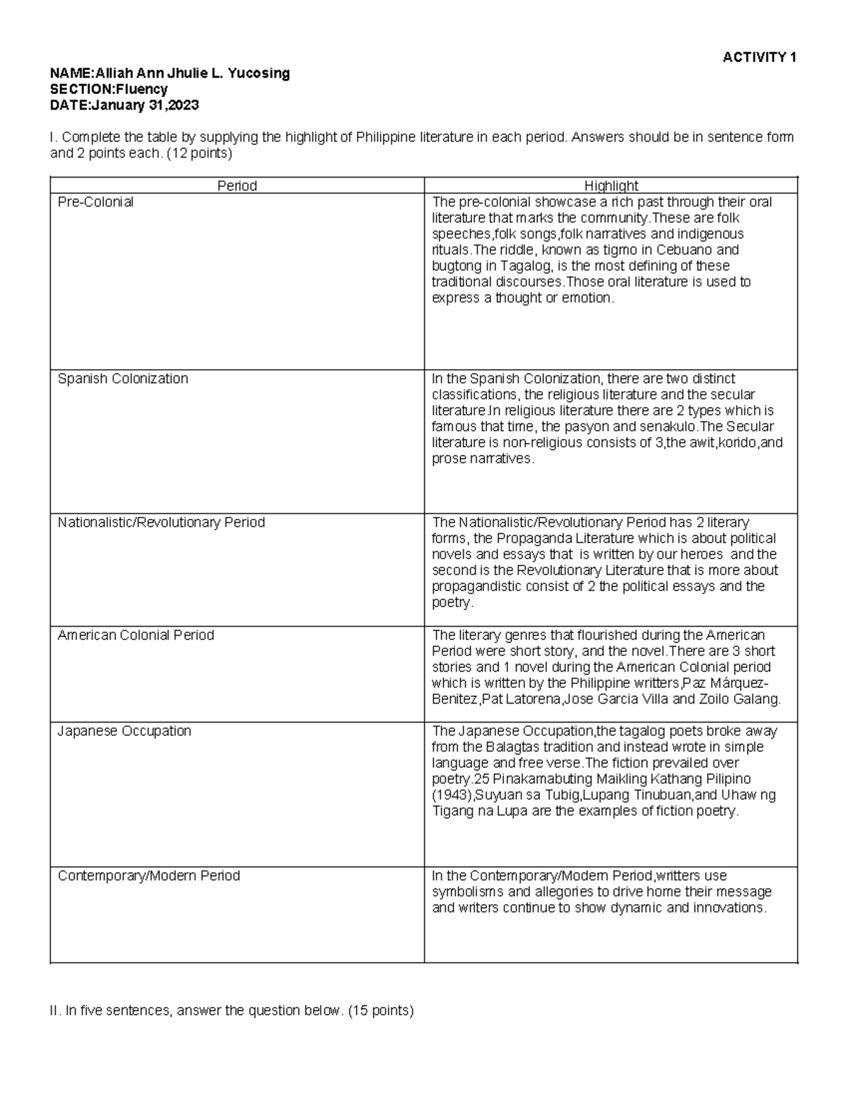 21st Century Literature Worksheet 1 - ACTIVITY 1 NAME:Alliah Ann Jhulie ...