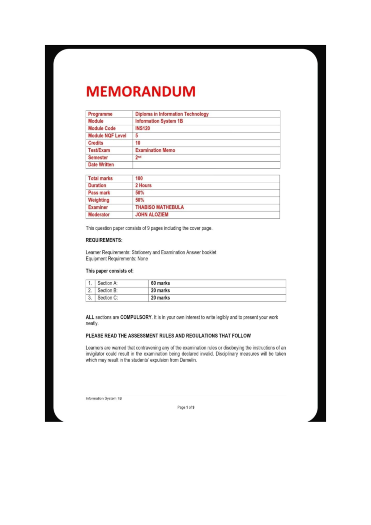IS 1B Test 1 - IS 1B TEST - MEMORANDUM Programme Diploma in Information ...