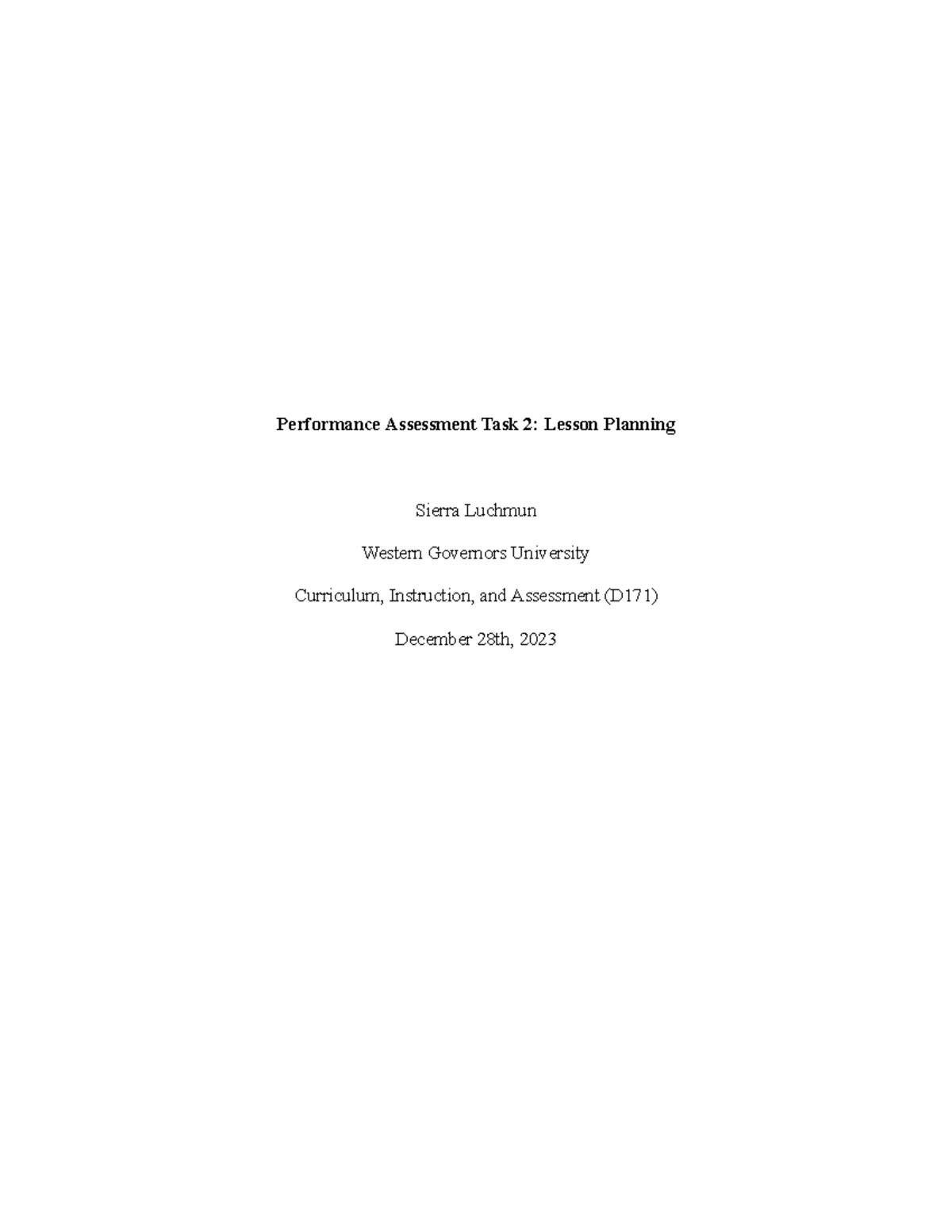 Task 2 Lesson Planning - Performance Assessment Task 2: Lesson Planning ...