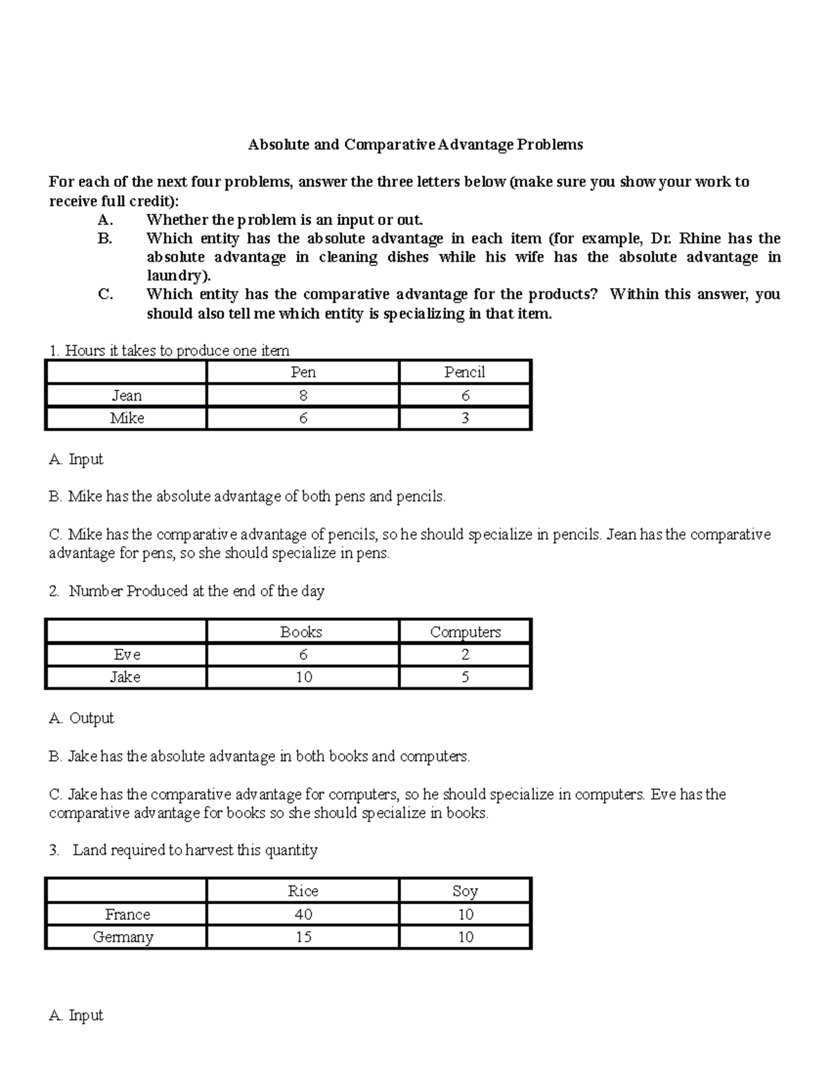 Comparative and absolute advantage problems - Absolute and Comparative ...