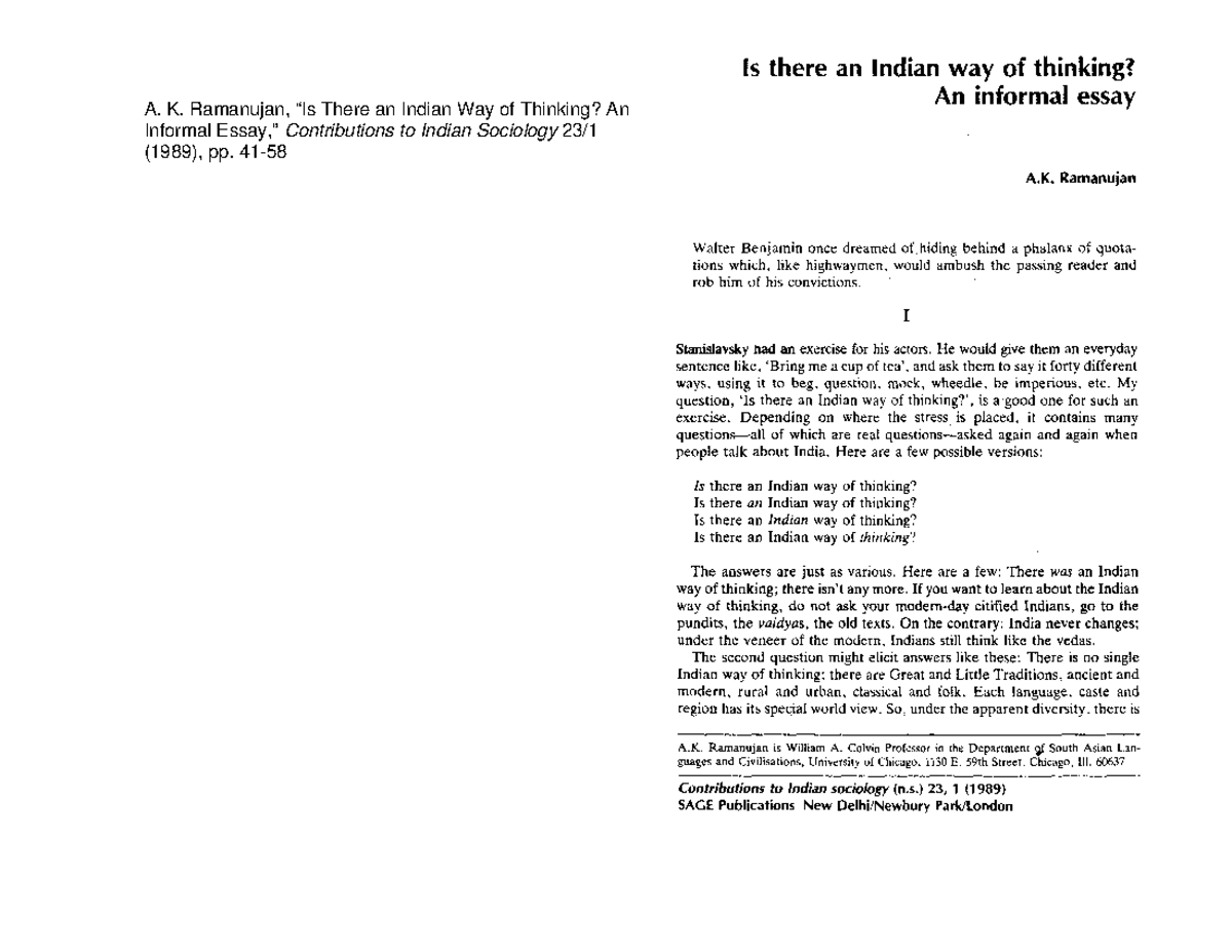 A. K. Ramanujan, “Is There an Indian Way of Thinking? An Informal Essay ...