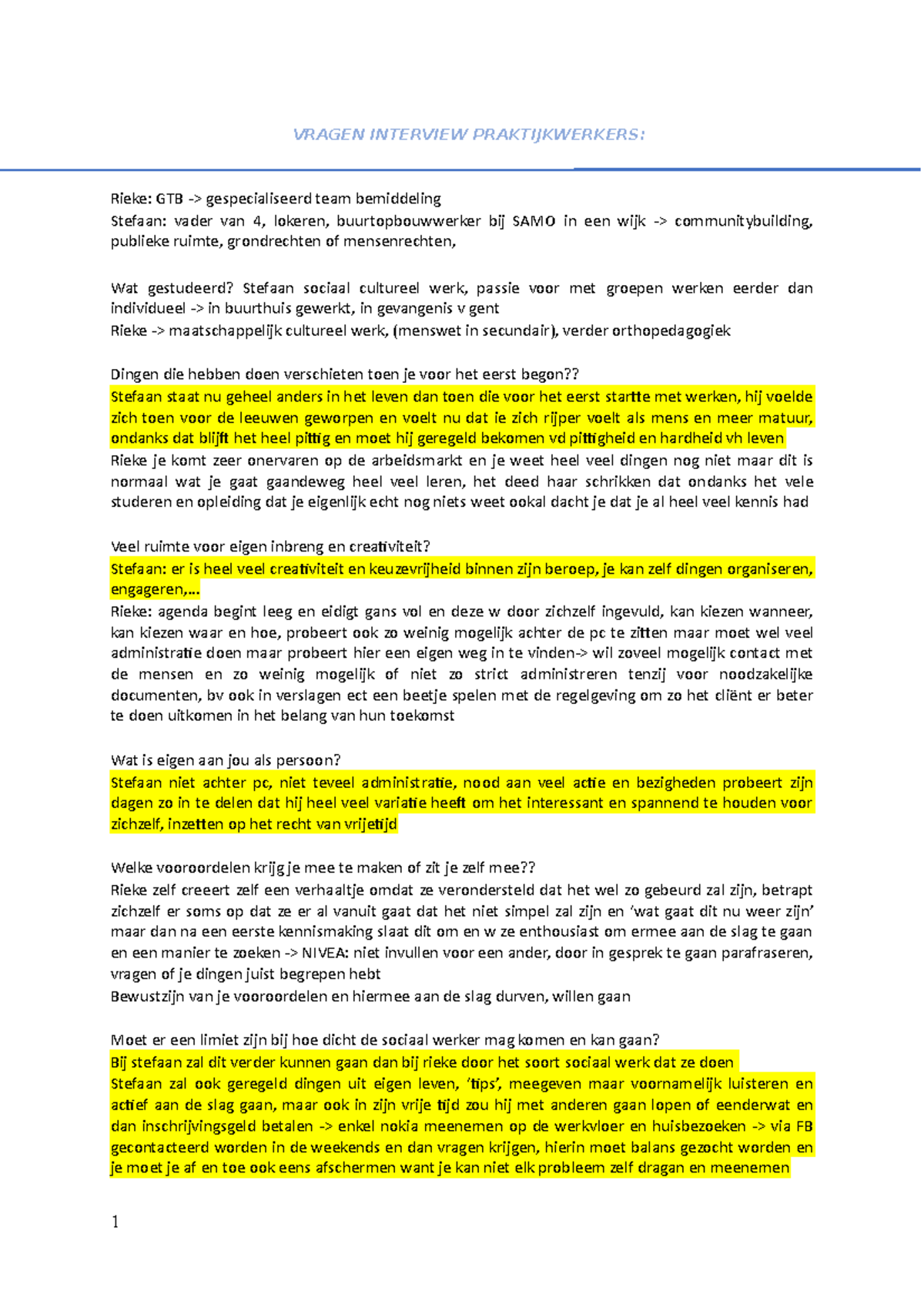 Vragen interview praktijkwerkers antwoorden - VRAGEN INTERVIEW ...