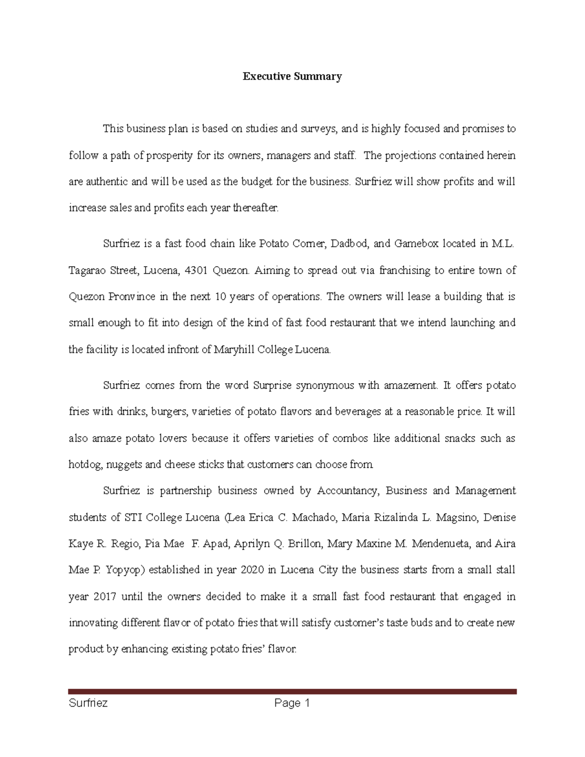 Business PLAN Surfriez Restaurant - Executive Summary This business ...