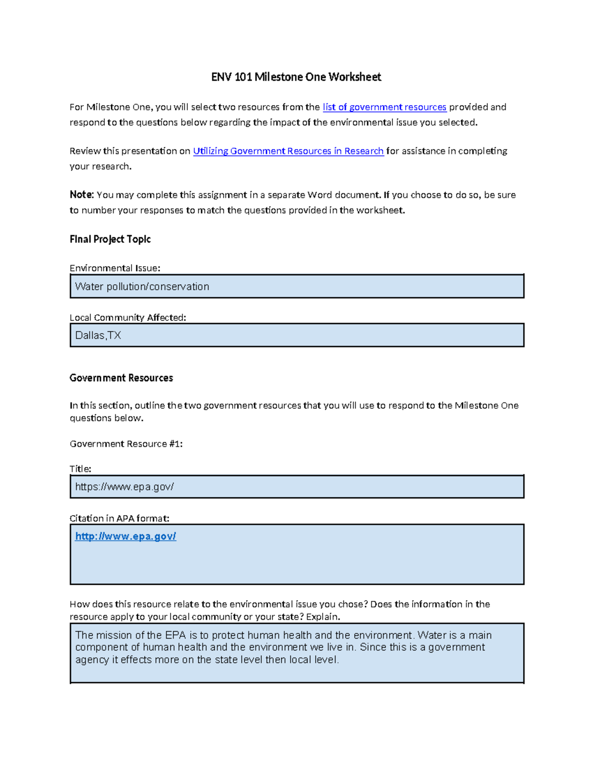 ENV 101 Milestone One Worksheet - ENV 101 Milestone One Worksheet For ...