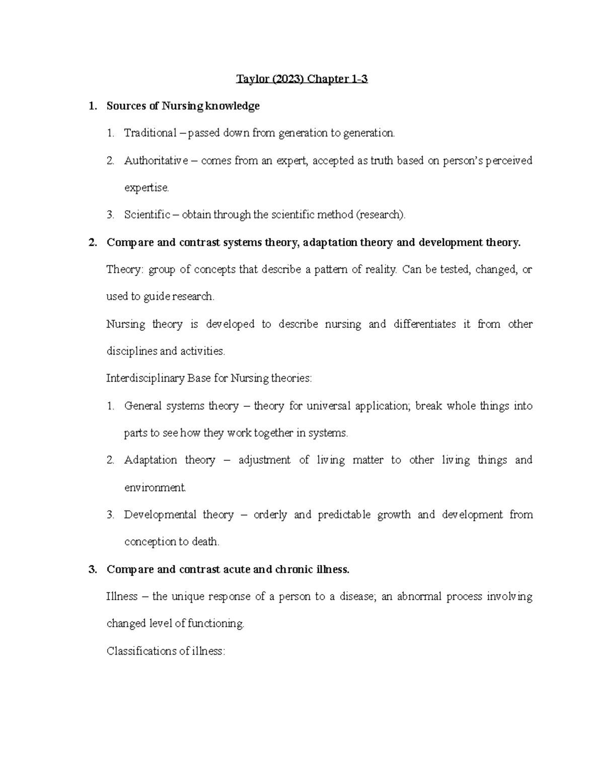 Taylor Chapter 1-3 - Taylor (2023) Chapter 1- Sources of Nursing ...