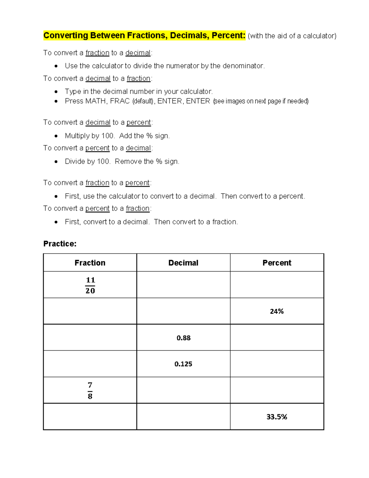 0324 Notes - Algebra - A - Converting Between Fractions, Decimals ...