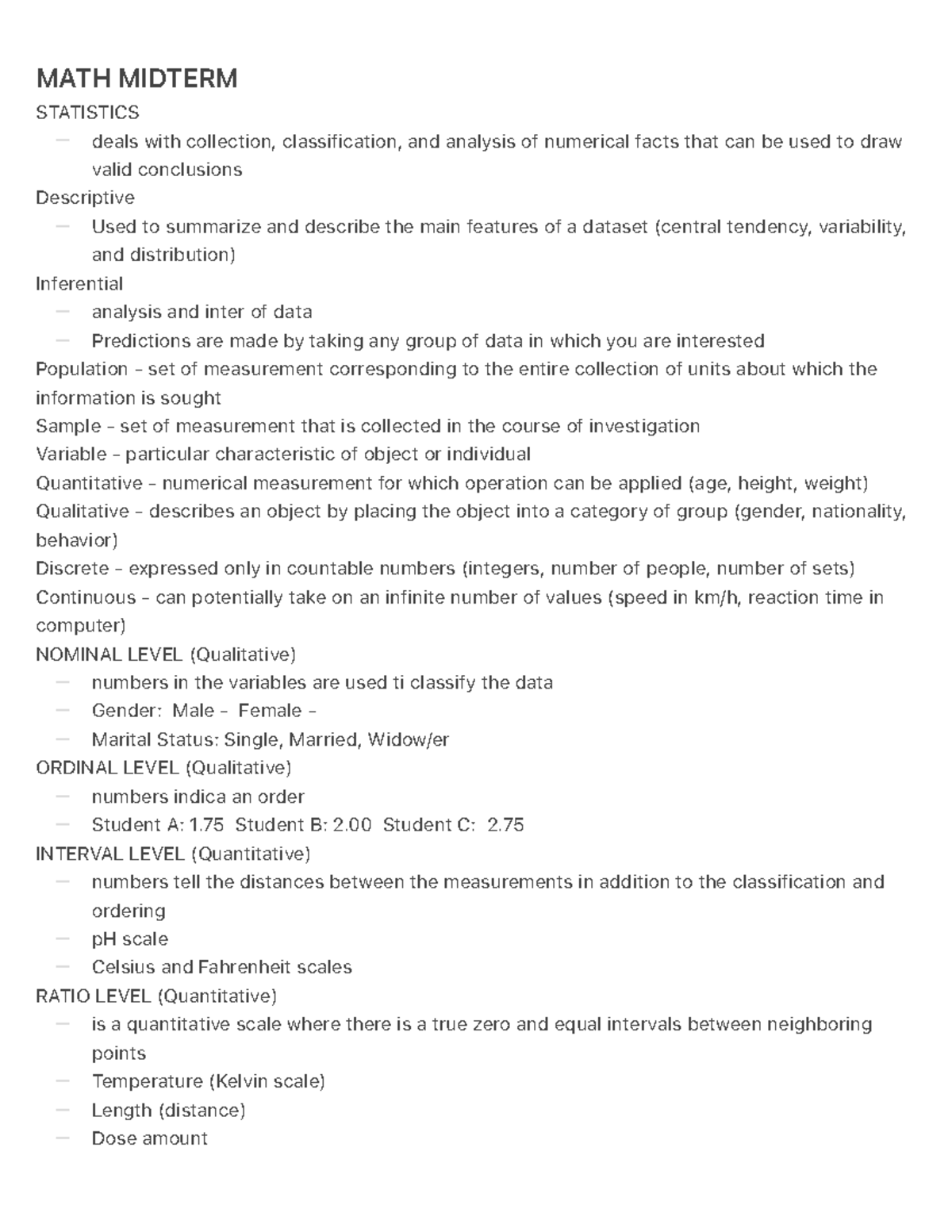 MATH- Midterm - MATH - – – – – – – – – – – – – – – – – MATH MIDTERM STATISTICS deals with - Studocu